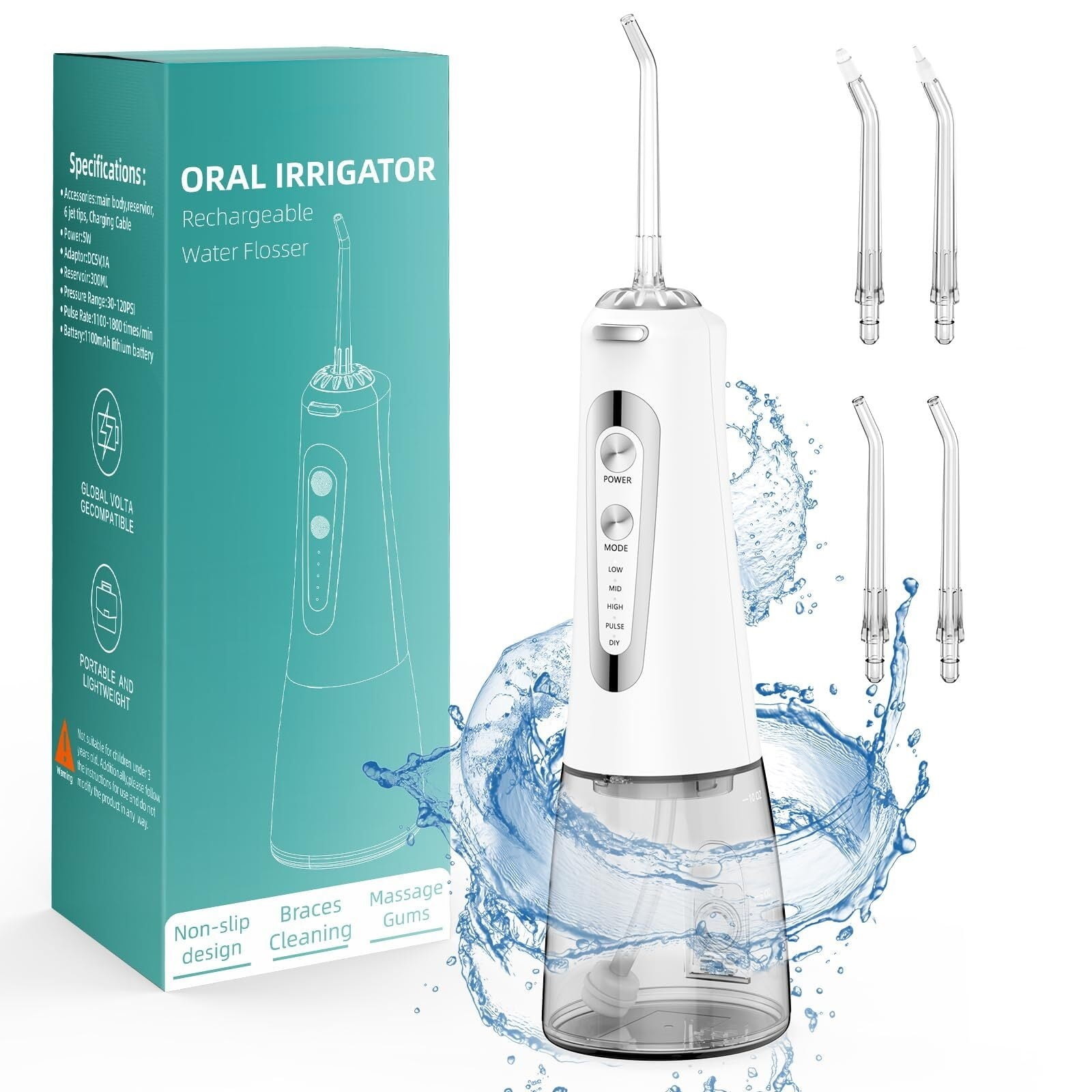 Water Flosser,300ML Water Pulse flossers-5 Modes&4 Replaceable Jet Tips ...