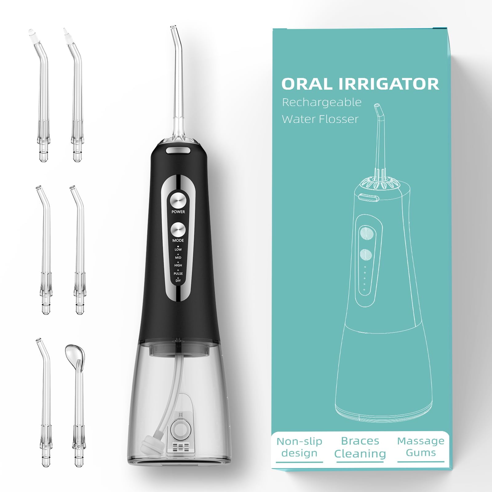 Water Flosser,300ML Water Pulse flossers-5 Modes&6 Replaceable Jet Tips ...