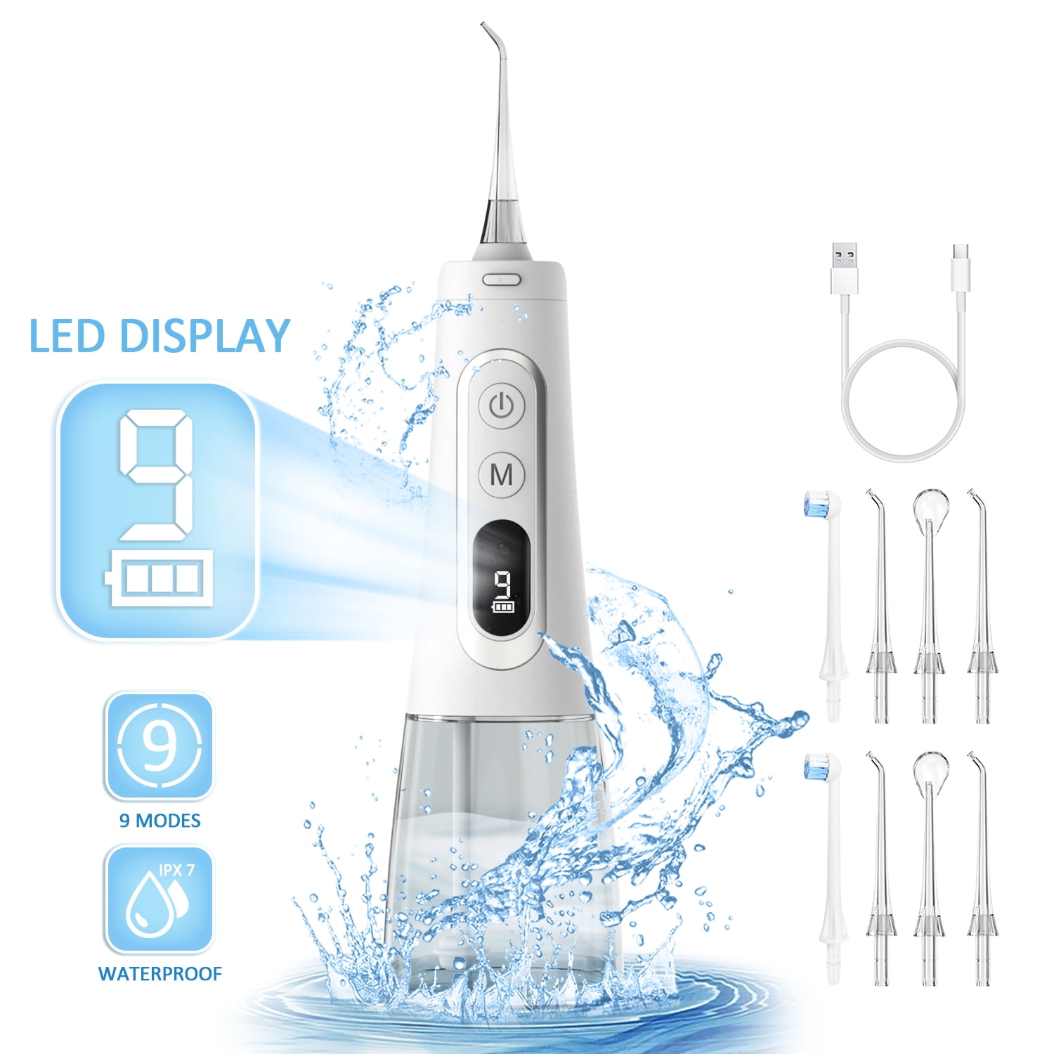 Cordless Water Flosser, 300ML Tank, 8 Jet Tips, OLED Display, Dental ...