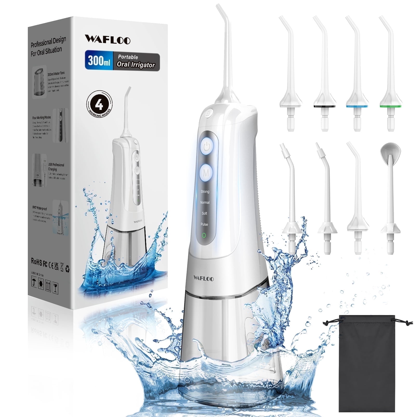 WAFLOO Cordless Water Flosser, 8 Jet Tips, 4 Modes, IPX7 Waterproof ...