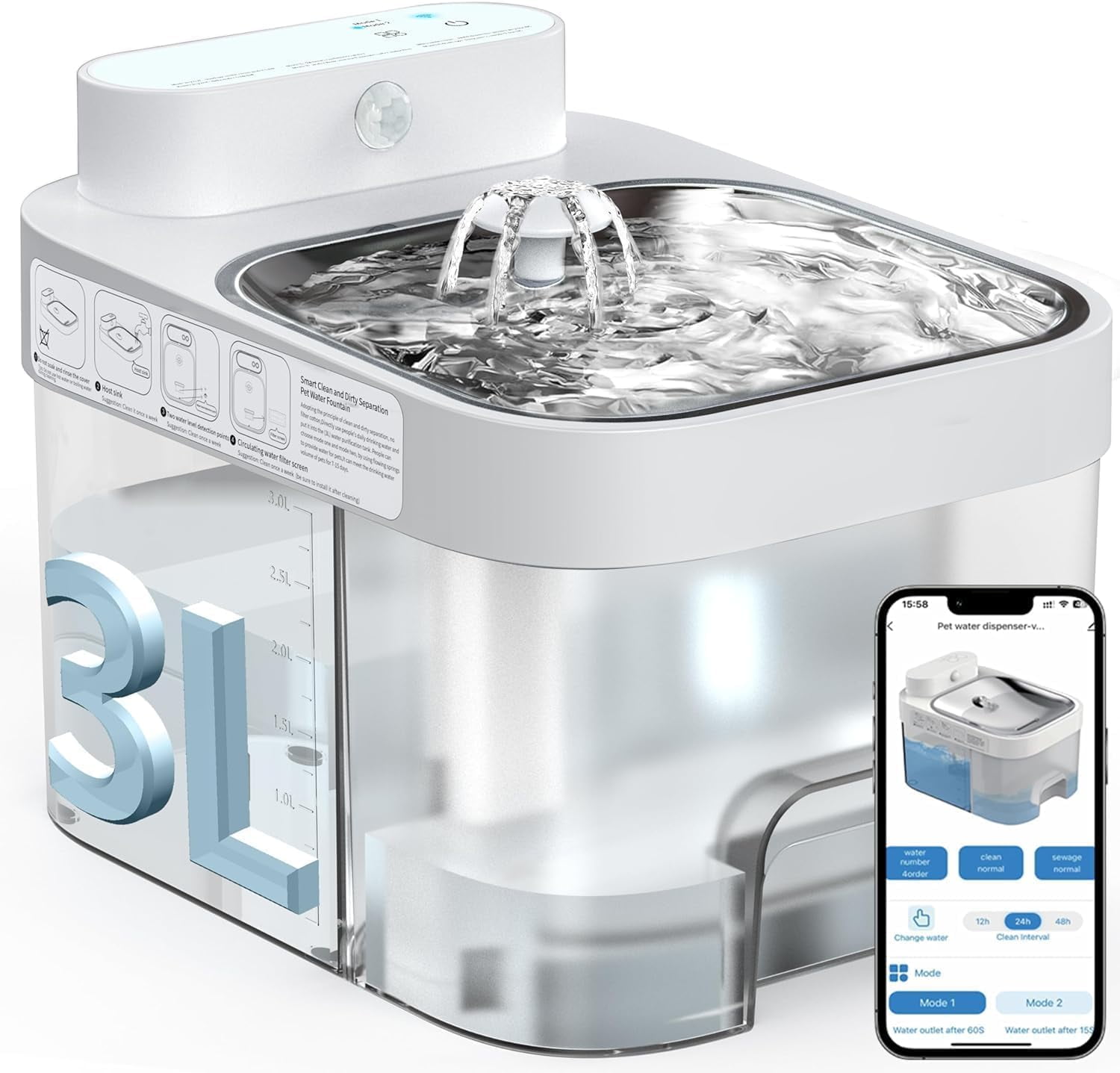 Water Fountain, 3L Pet Water Foutain, Automatic Drinking Foutain Indoor ...