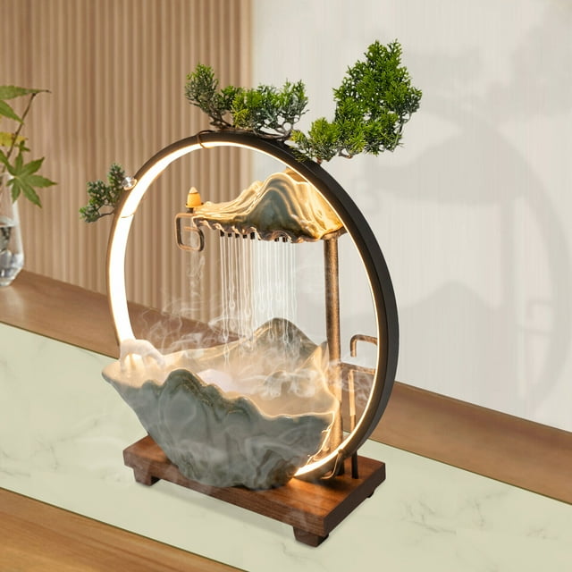 Water Fountain LED Tabletop Indoor Fake Plants Waterfall Zen Decor With ...
