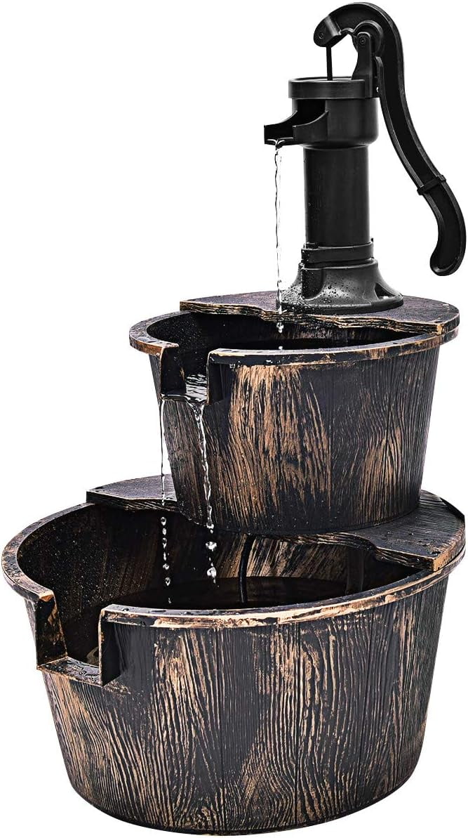 Water Fountain Outdoor, 2-Tier Barrel Cascading Waterfall Fountain with ...
