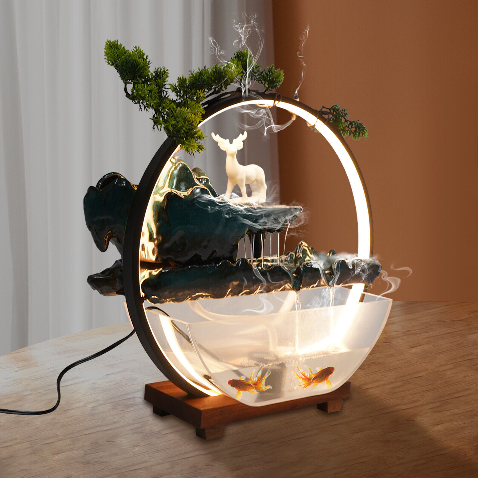 Water Fountain Tabletop Indoor Atomizer Waterfall Deer Decor w/LED ...