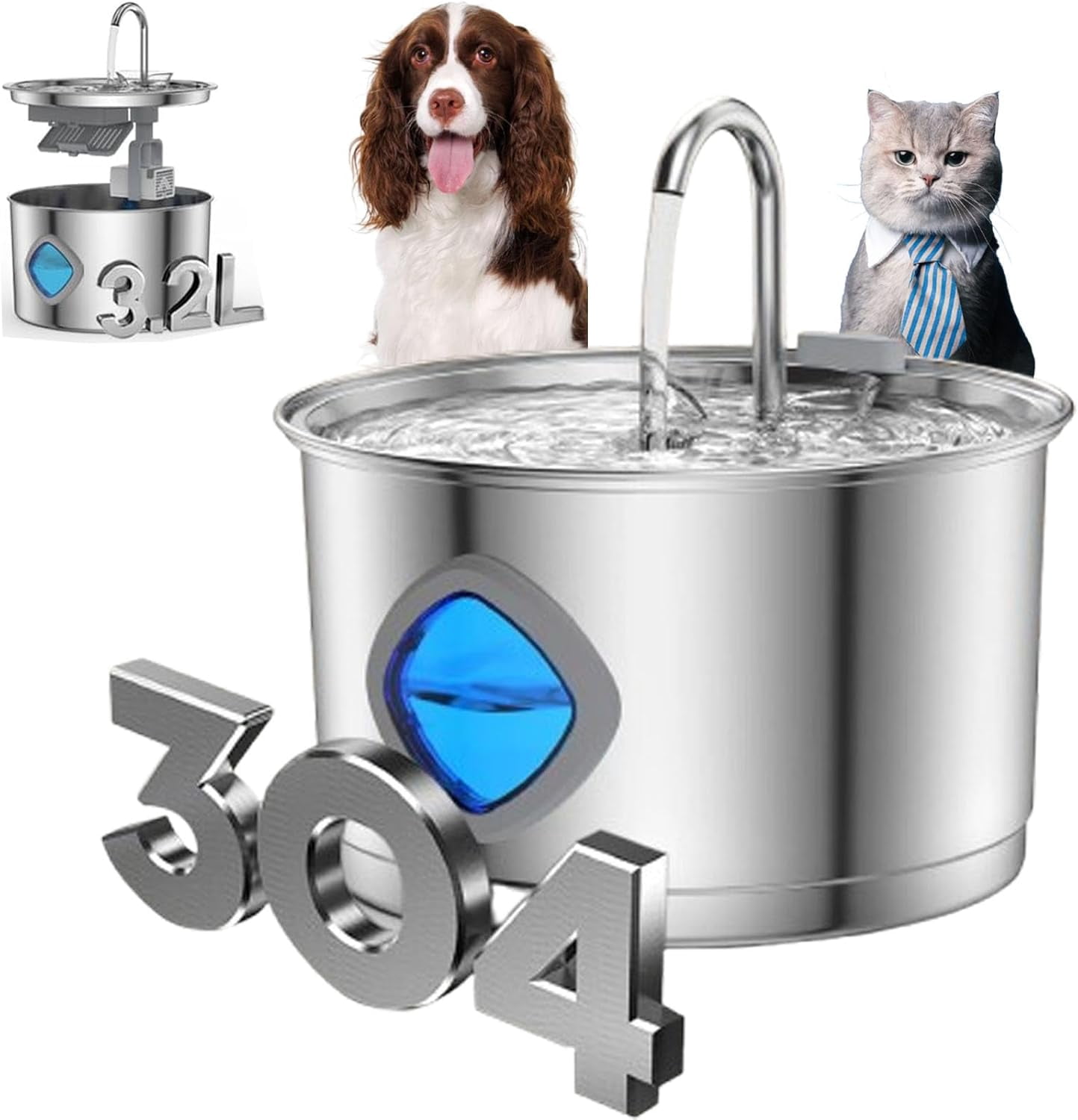 Water Fountain for Dogs, 108oz/3.2L Automatic Stainless Steel Pet Water ...