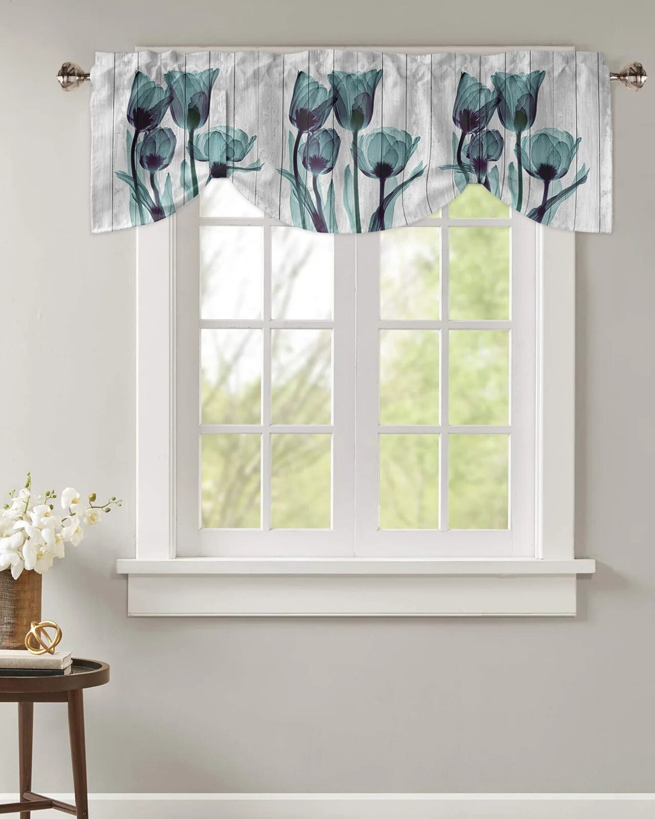 Water Green Flowers Tulip Wood Panel Kitchen Valance Curtain Window ...