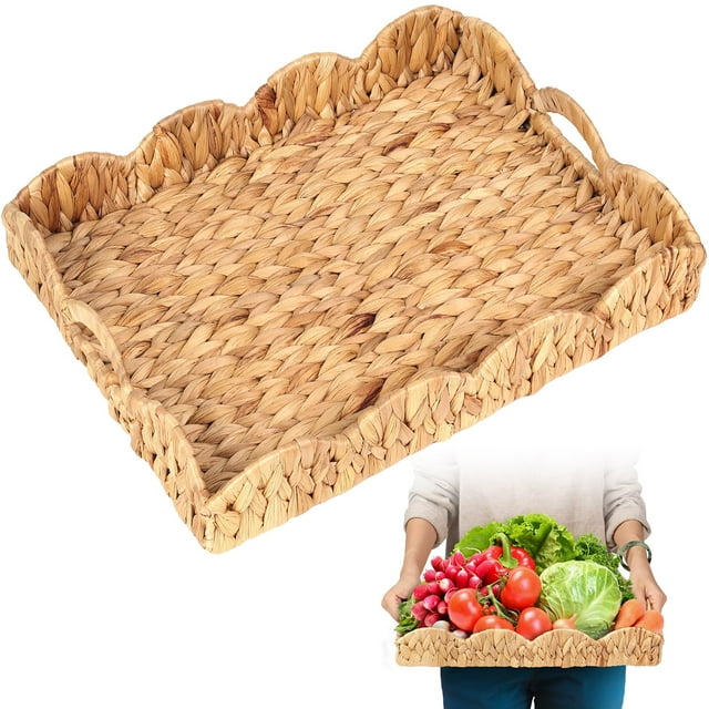 Water Hyacinth Handwoven Seagrass Tray with Scalloped Edge and Handles ...