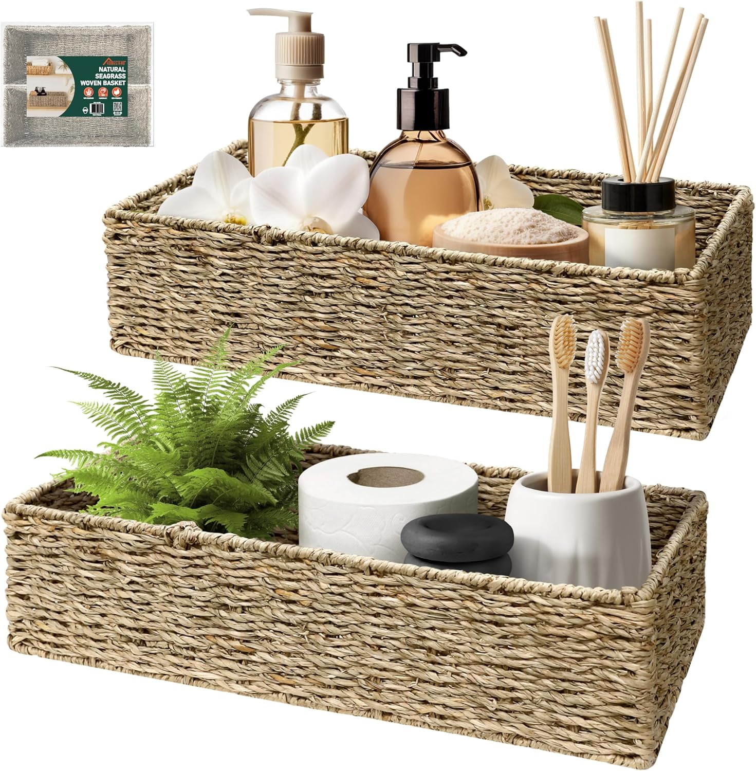 Water Hyacinth Storage Baskets with Built-in Handles, 13.5" x 8" Medium ...