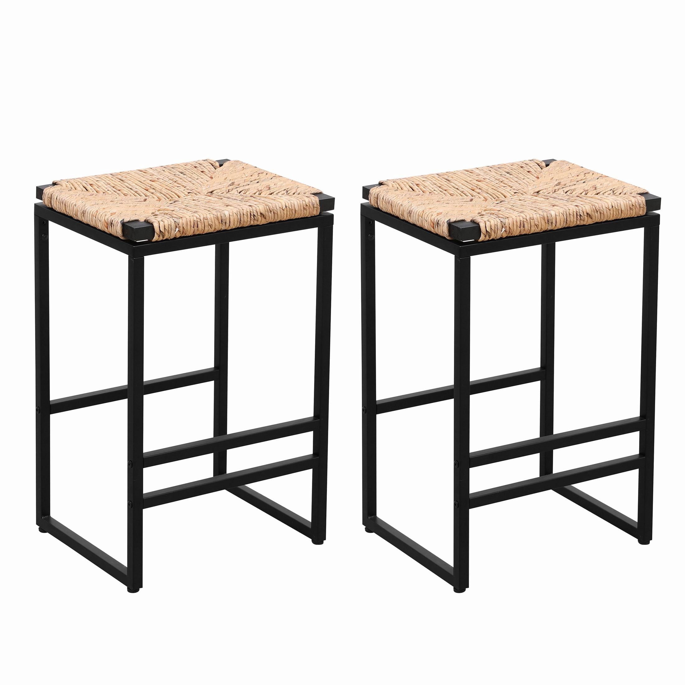 Water Hyacinth Woven Bar Stools Set of 2 Grass Backless Barstools with ...