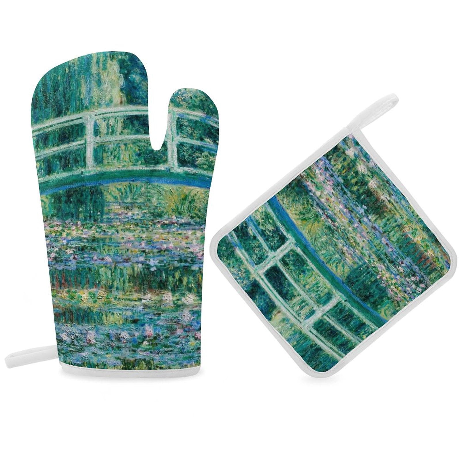 Water Lilies And Bridge Oven Gloves And Pots Stand Set Oven Gloves And ...