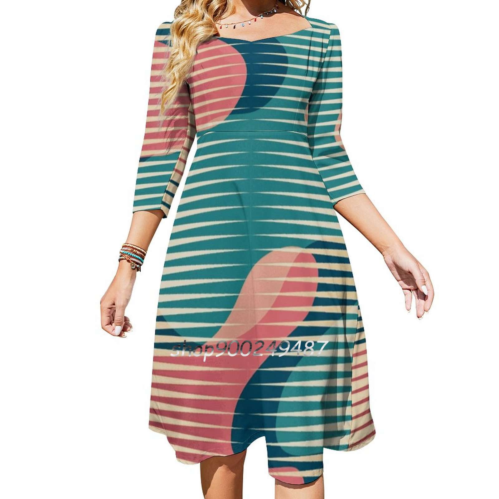 Water Lilies Flare Dress Square Neck Dress Elegant Female Fashion ...