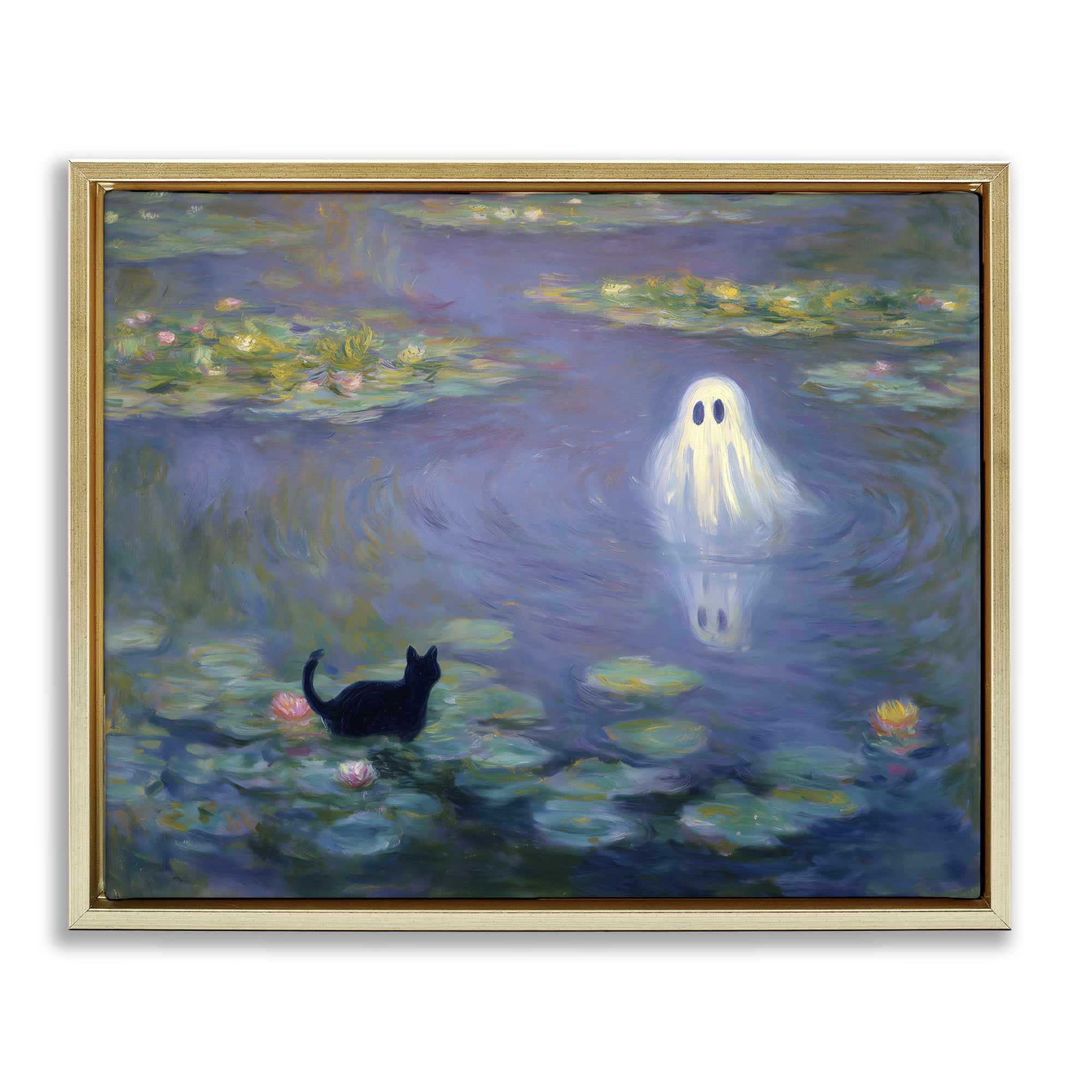 Water Lilies with Ghost & Kitty Gold Framed Floater Canvas Wall Art ...