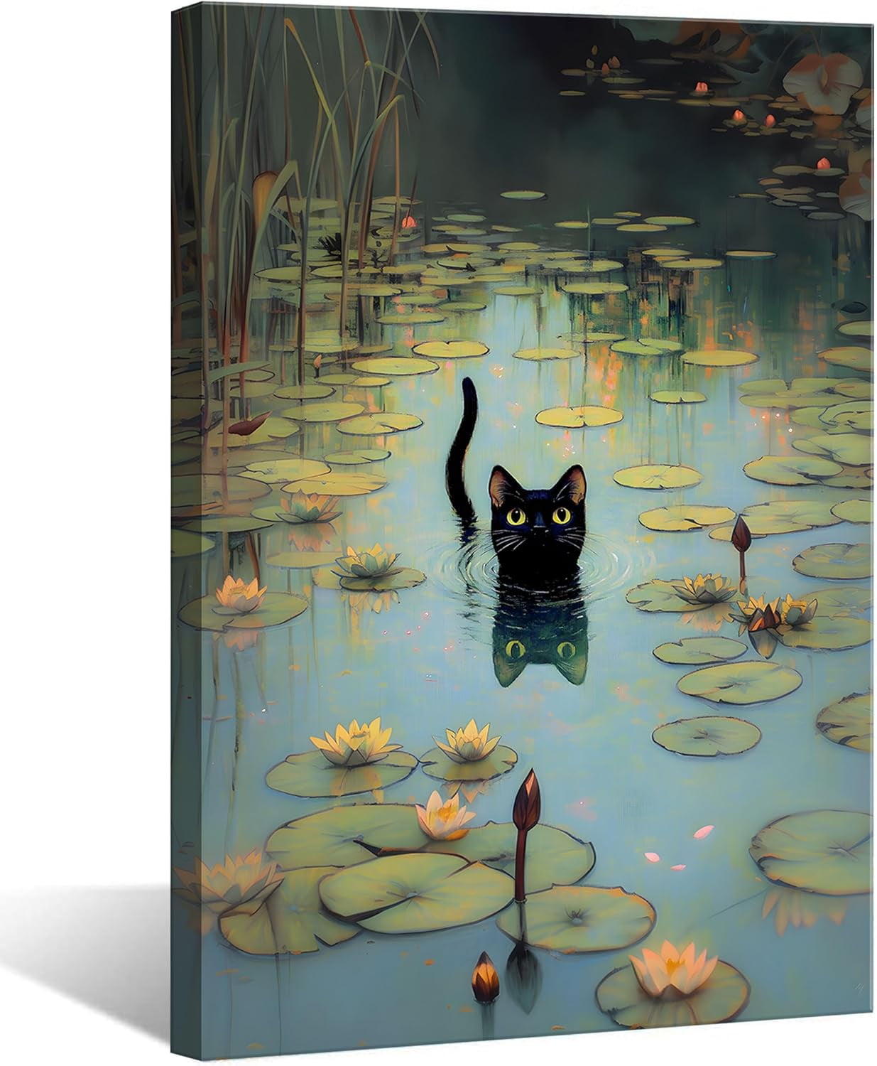 Water Lily Black Cat Canvas Wall Funny Lotus Black Cat Decor Pictures ...