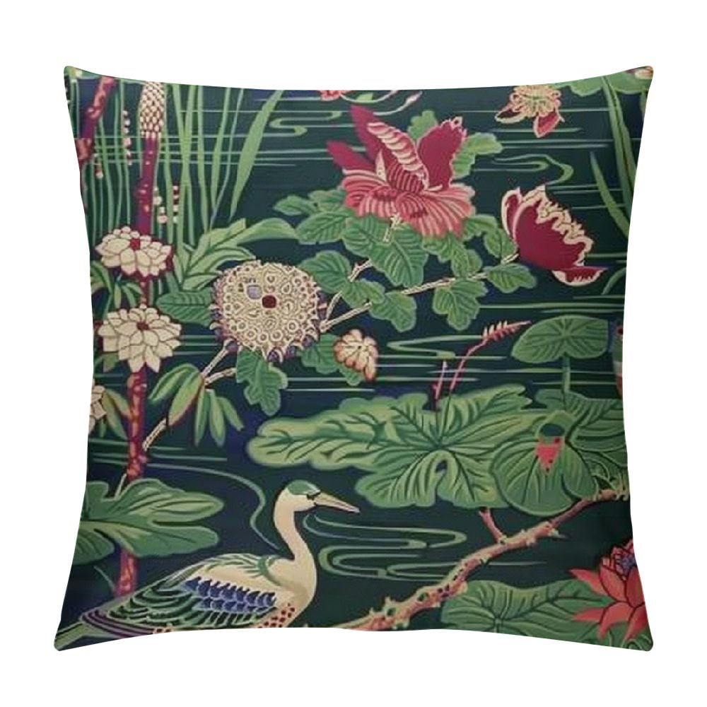 Water Lily Nymphaea Floral Cushion Covers Green Lotus Swan Crane Bird Gardens Throw Pillow ...