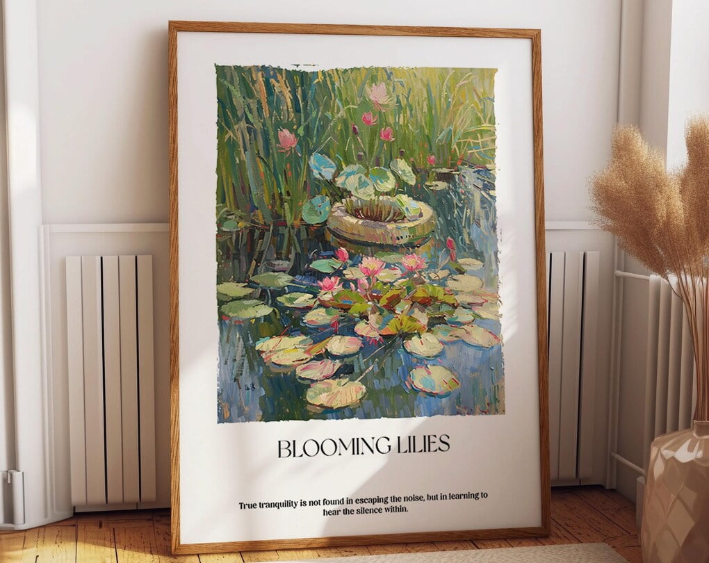 Water Lily Pond With Reeds Poster – Blooming Lilies Botanical Art Print ...