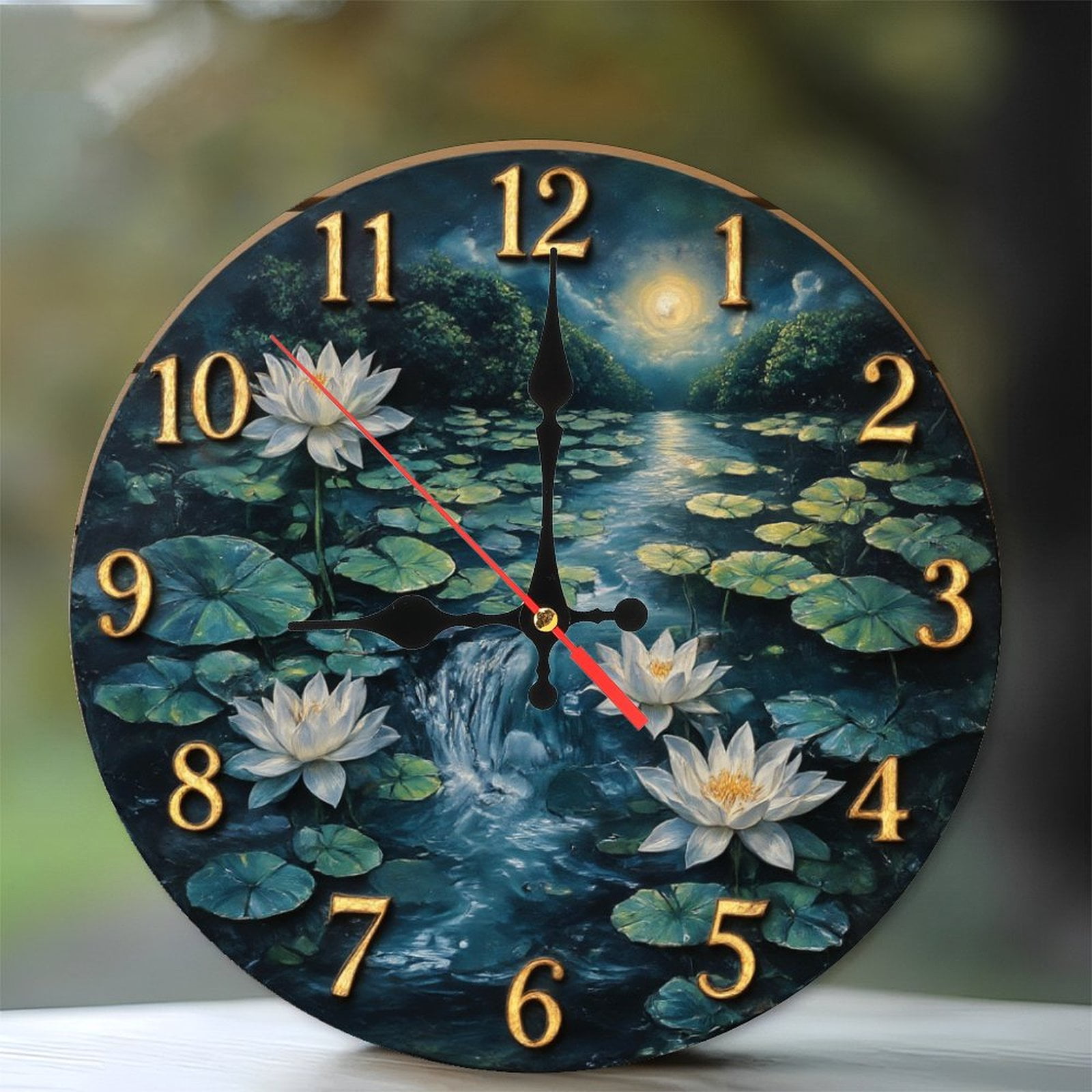 Water Lily Pond Waterfall Wall Clock Romantic Decor 10-Inch Silent ...