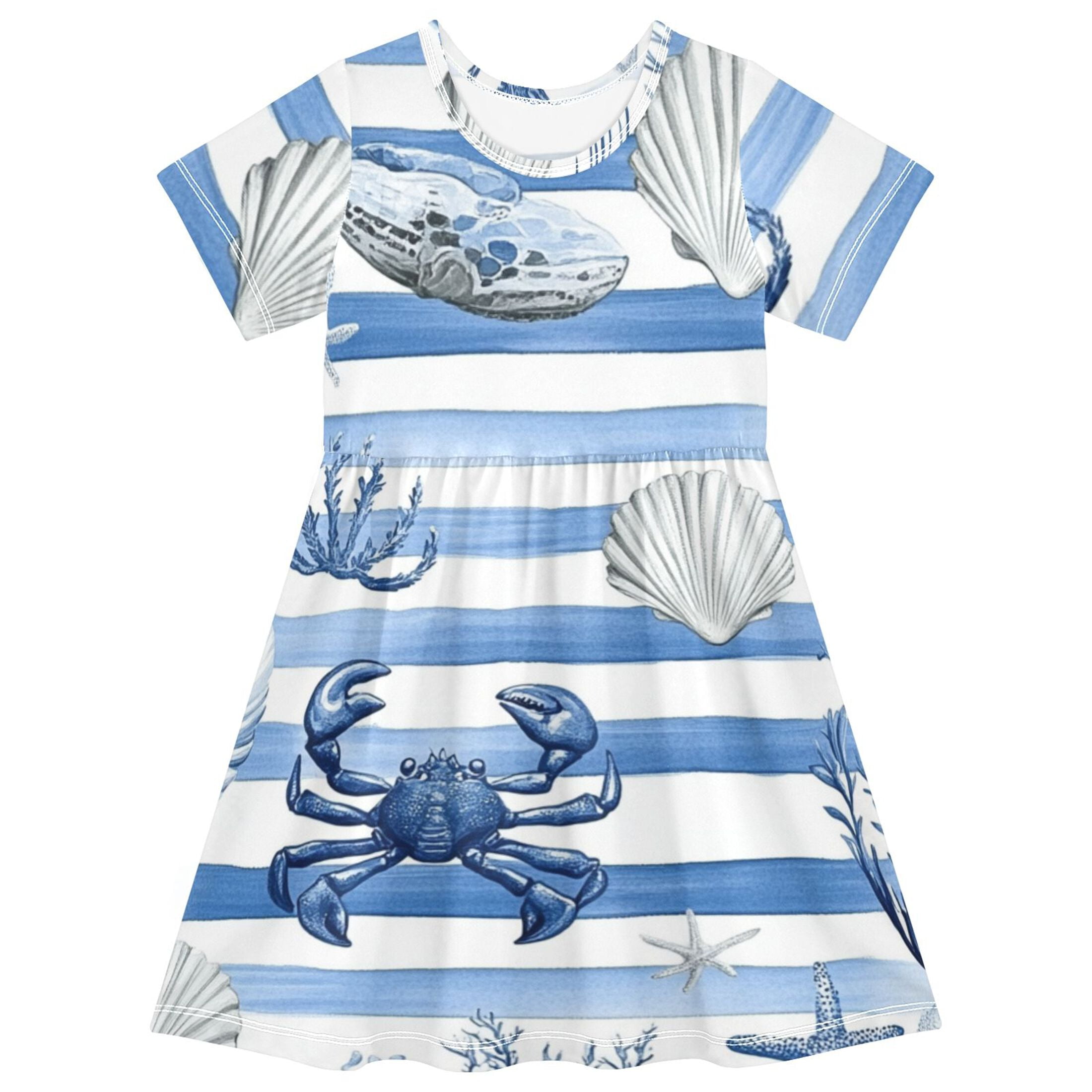 Water Plants Crab Starfishes Shells Girls' Short Sleeve Dress A-Line ...