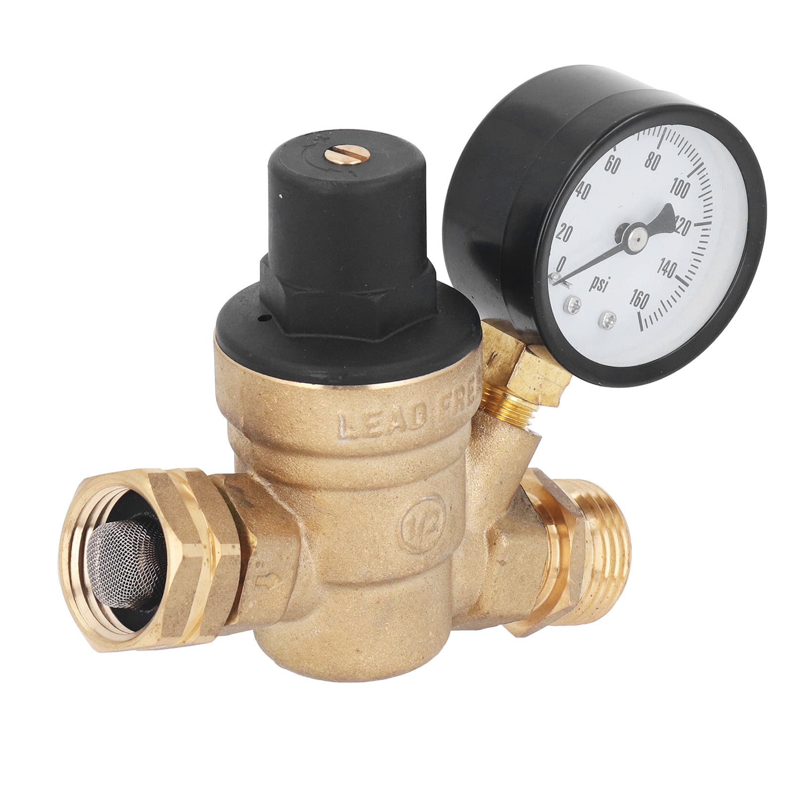 Water Pressure Regulator Valve Brass Adjustable 160PSI with Gauge Inlet ...