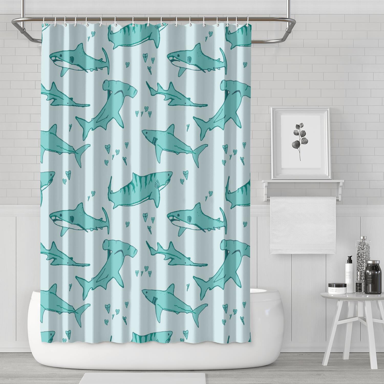 Water-Resistant Cartoon Shark Bath Curtain 72x72 Inch, Polyester Fabric with Hooks, Colorful and ...
