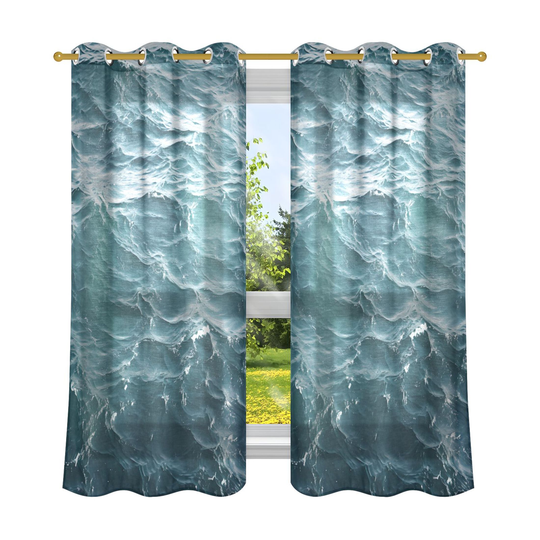 Water Sea Semi Sheer Curtains 2 Panels Faux Linen Voile Sheer Drapes ...