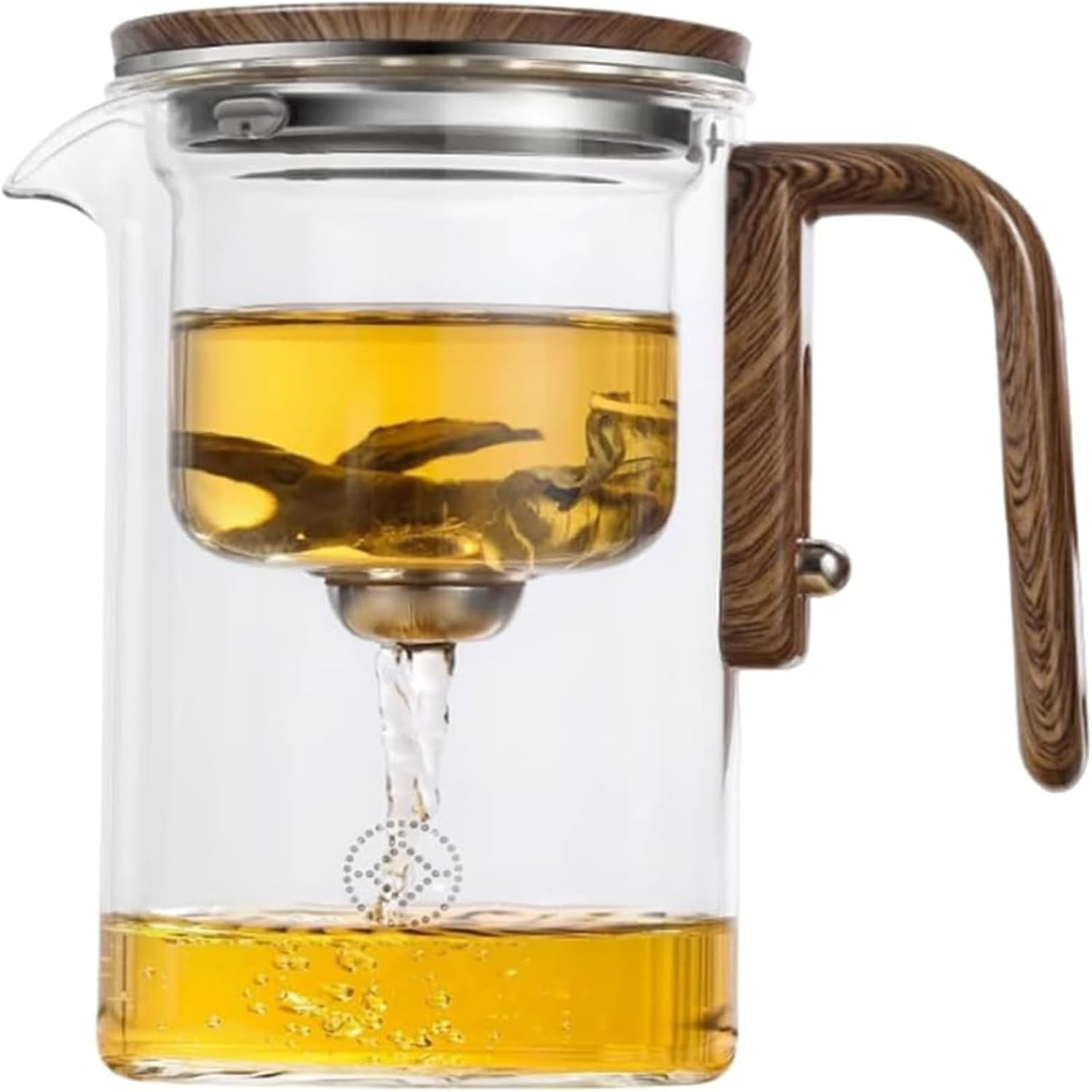 Water Separation Glass Teapot With Wooden Handle, Dual Infusers, Press ...