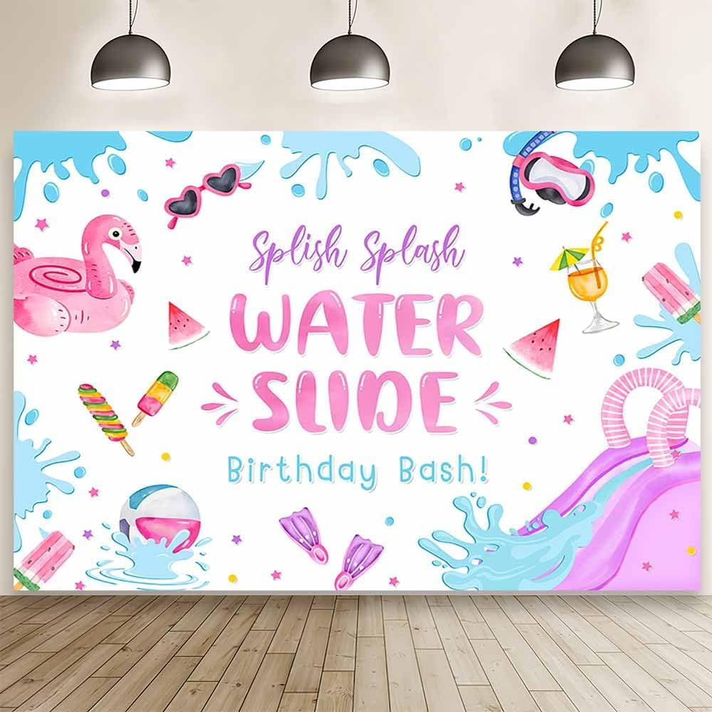 Water Slide Birthday Bash Backdrop for Girls Splish Splash Pool Party ...