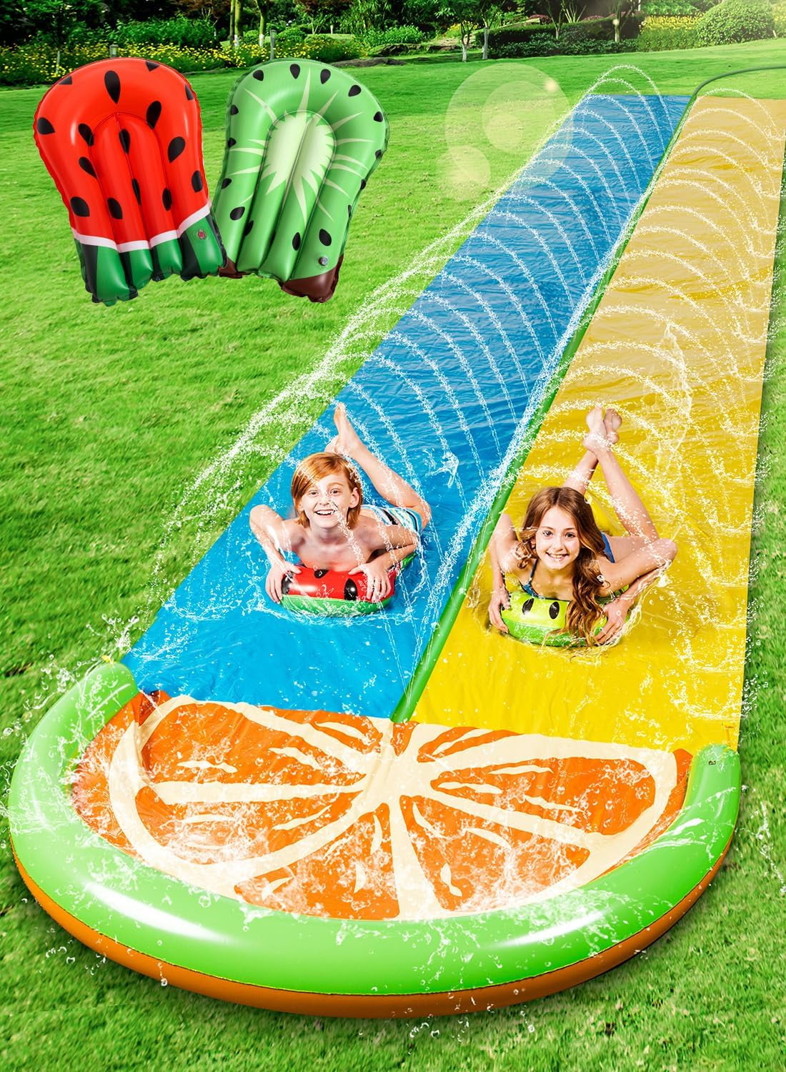 Water Slides with 2 Inflatable Boards,22.5ft Double Lane Lawn Water ...