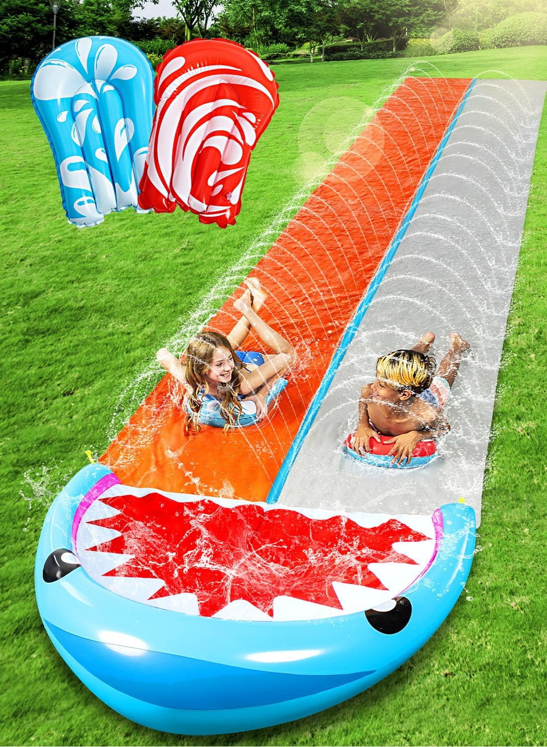 Water Slides with 2 Inflatable Boards,22.5ft Double Lane Lawn Water ...