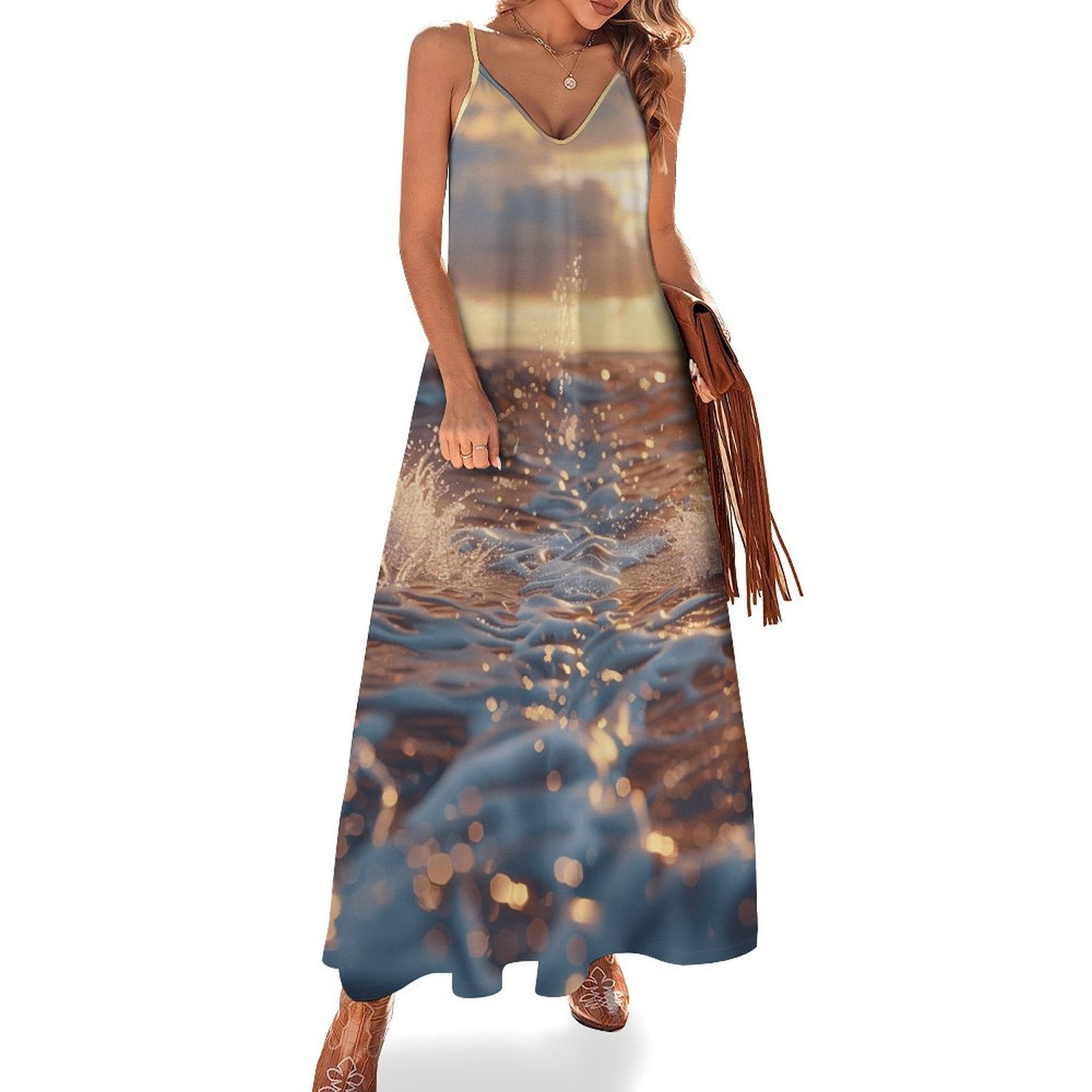 Water Splash Ripple Design Sleeveless Dress Woman Fashion Long Dresses ...