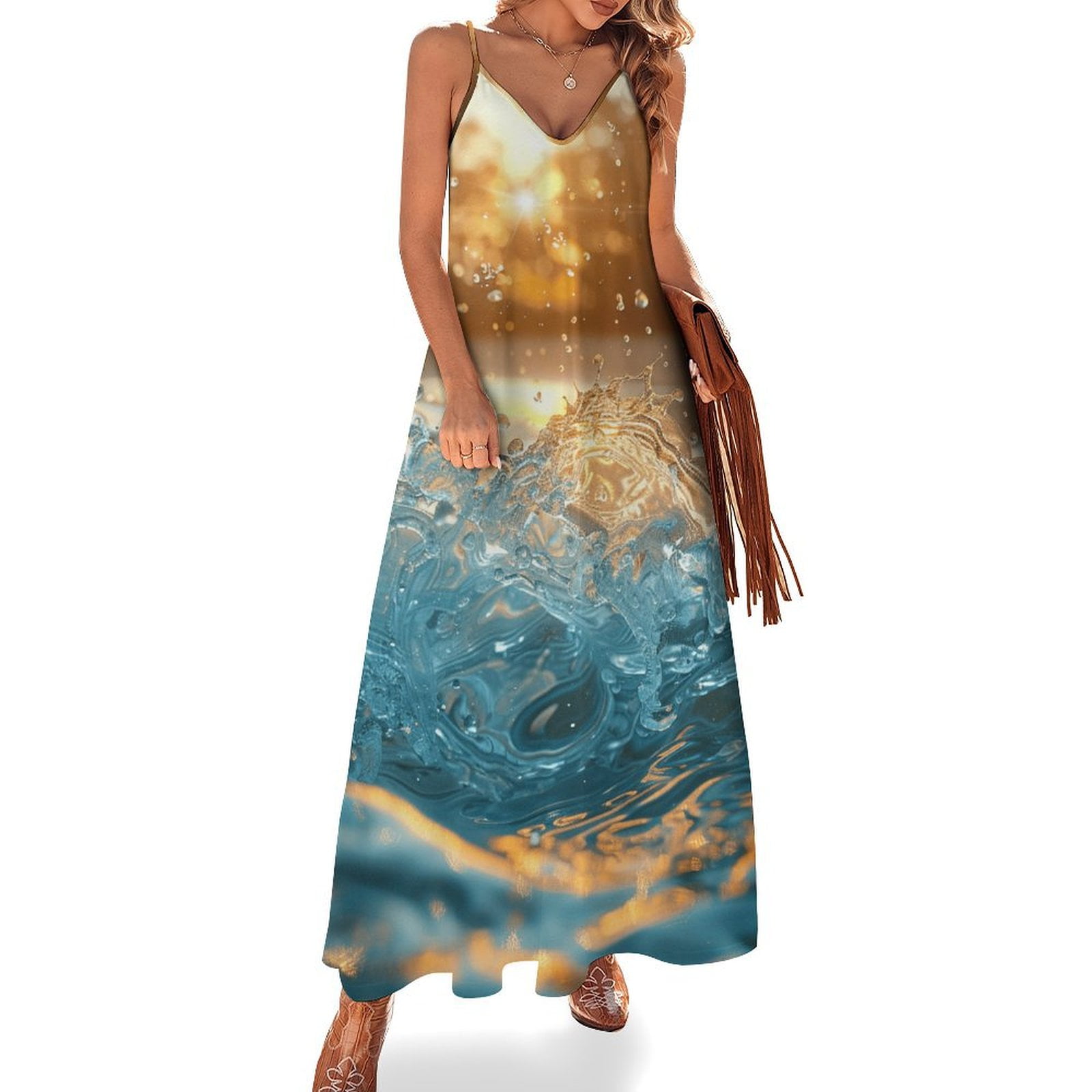 Water Splash Ripple Design Sleeveless Dress Woman Fashion Long Dresses ...