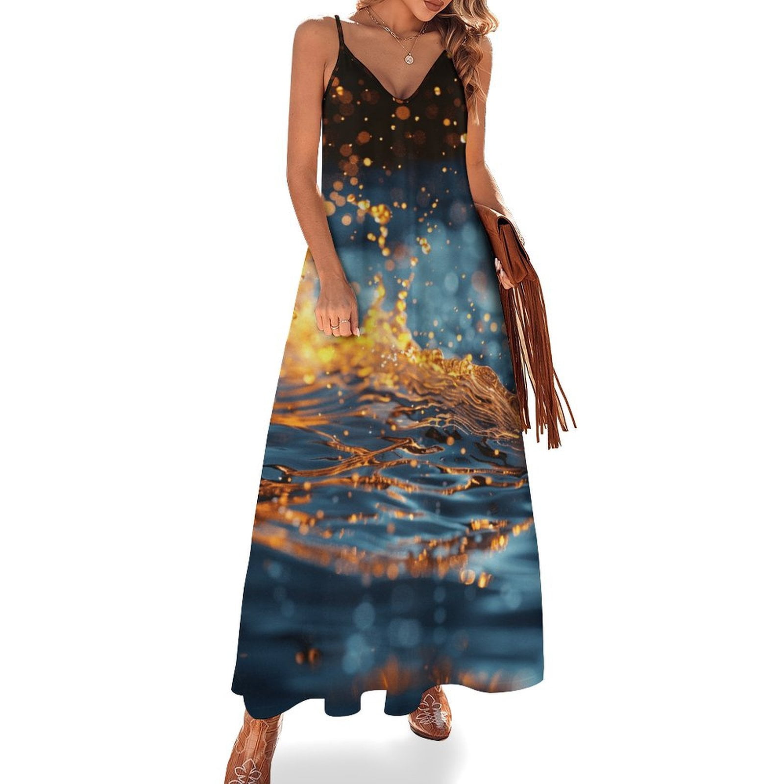 Water Splash Ripple Design Sleeveless Dress Woman Fashion Long Dresses ...
