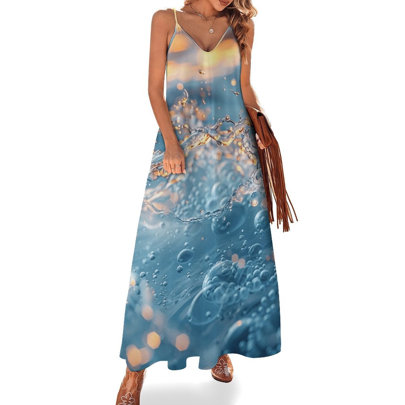 Water Splash Ripple Design Sleeveless Dress Woman Fashion Long Dresses ...
