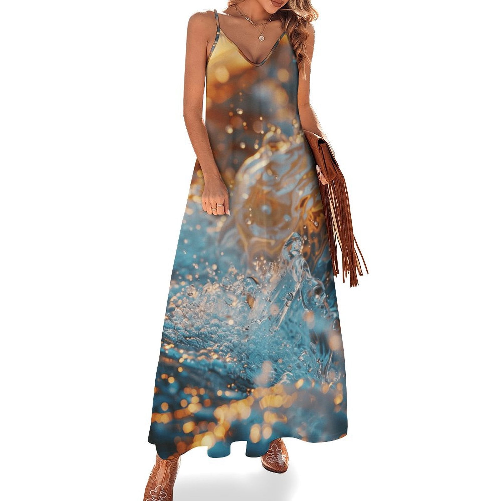 Water Splash Ripple Design Sleeveless Dress Woman Fashion Long Dresses ...