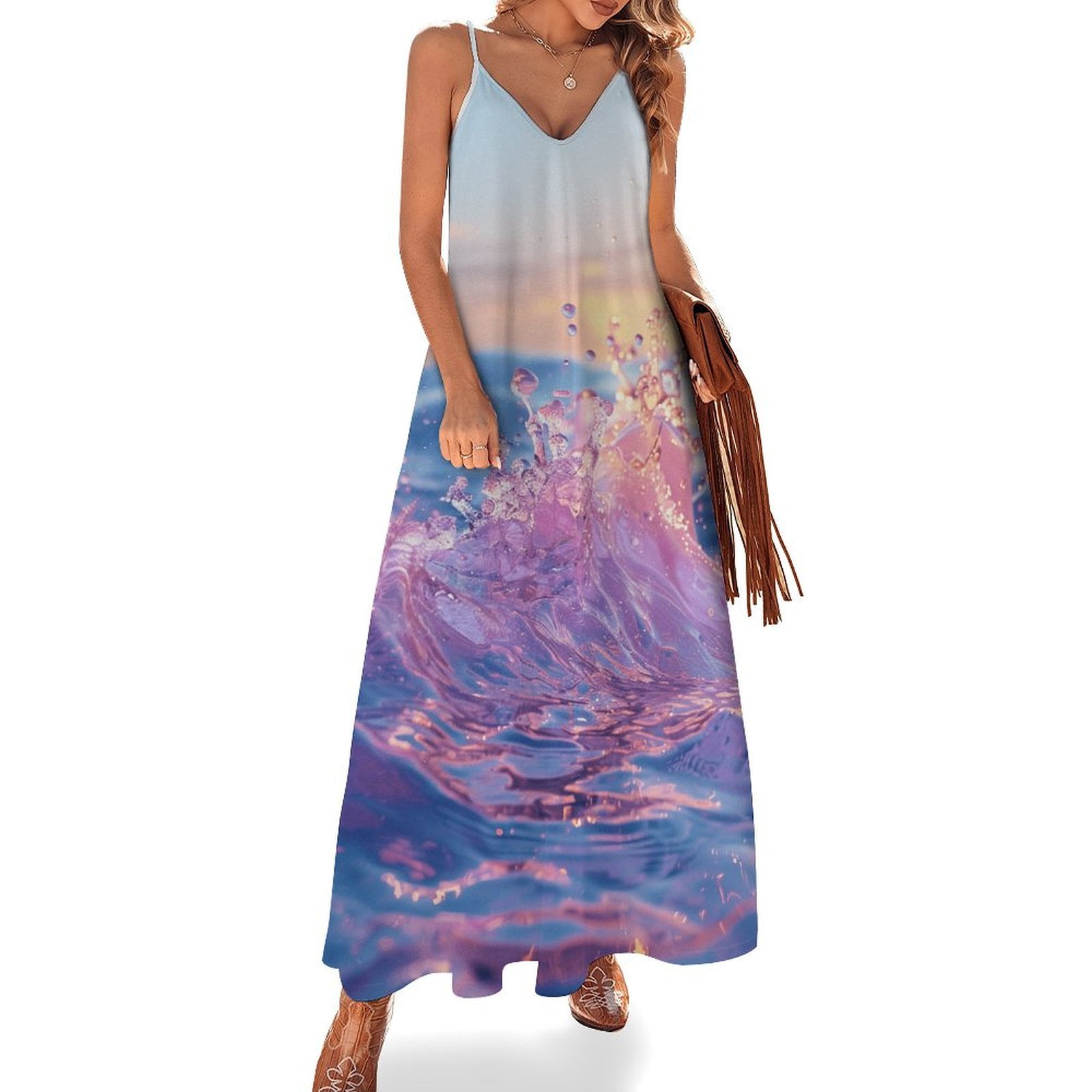 Water Splash Ripple Design Sleeveless Dress Woman Fashion Long Dresses ...