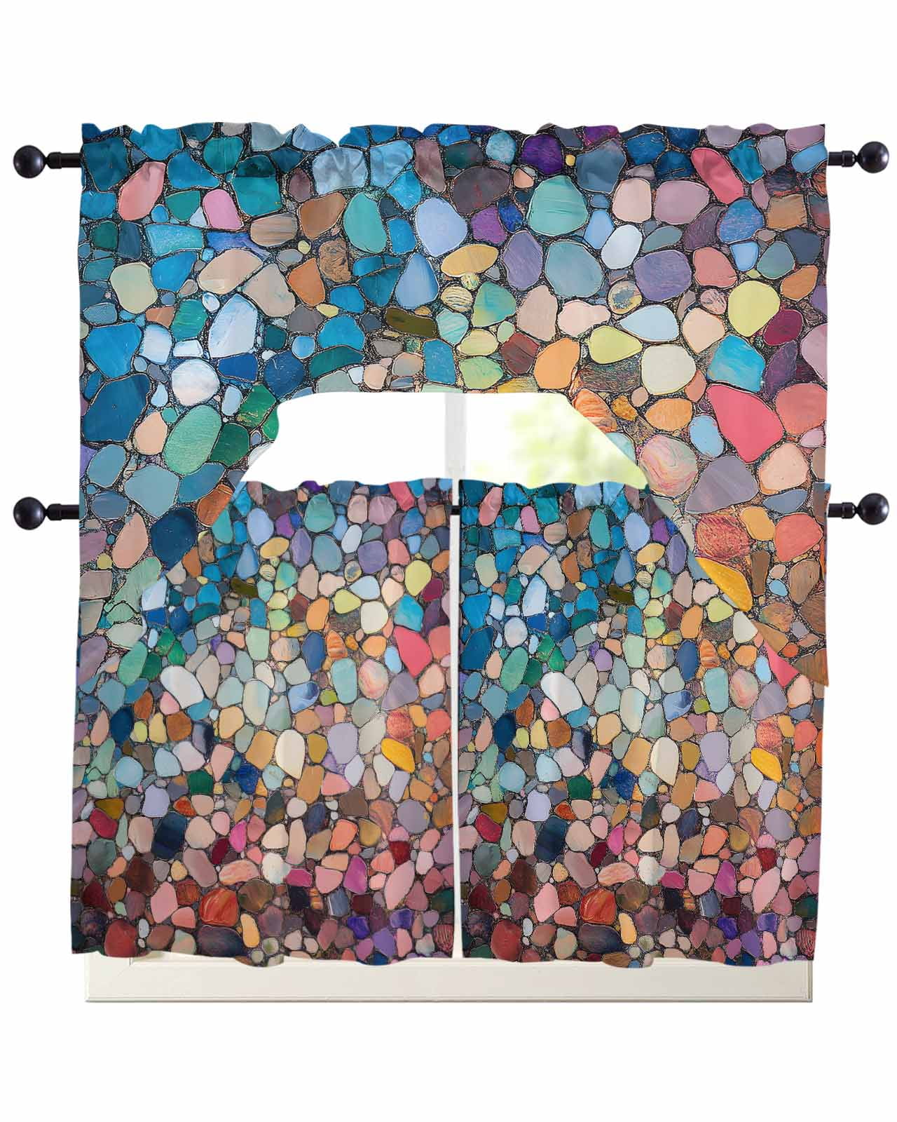 Water Stone Swag Valance and Tier Curtains Set Oil Painting Colorful ...