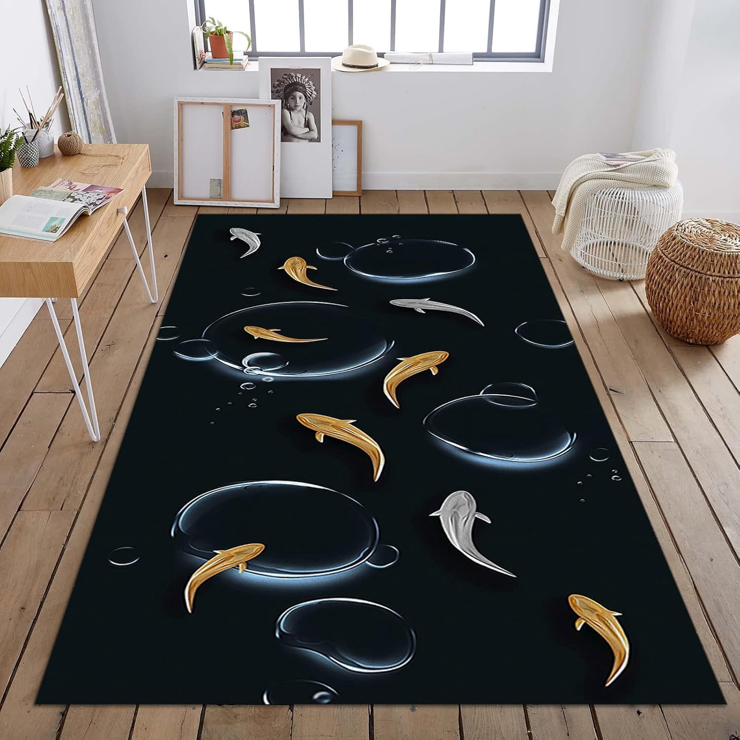 Water Surface Gold And Silver Fish Rug, 3D Black Custom Carpet, Porch ...