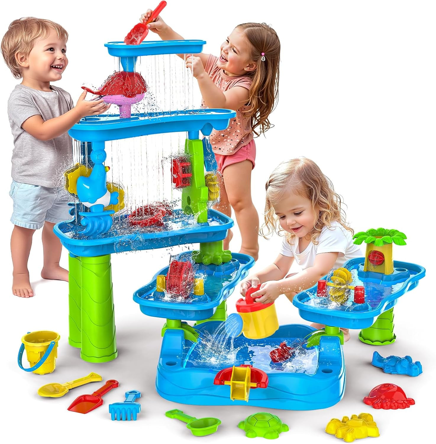 Water Table for Kids Ages 3-5 4-8, 6-Tier Rotatable Rain Shower Splash ...