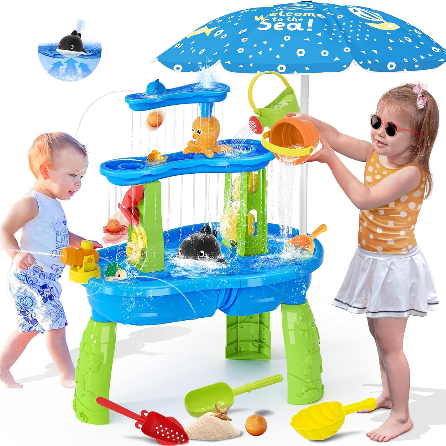 Water Table for Toddlers 3-5, 3-Tier Auto Water-Absorbing Kids Sand Water Table with Water Pump ...