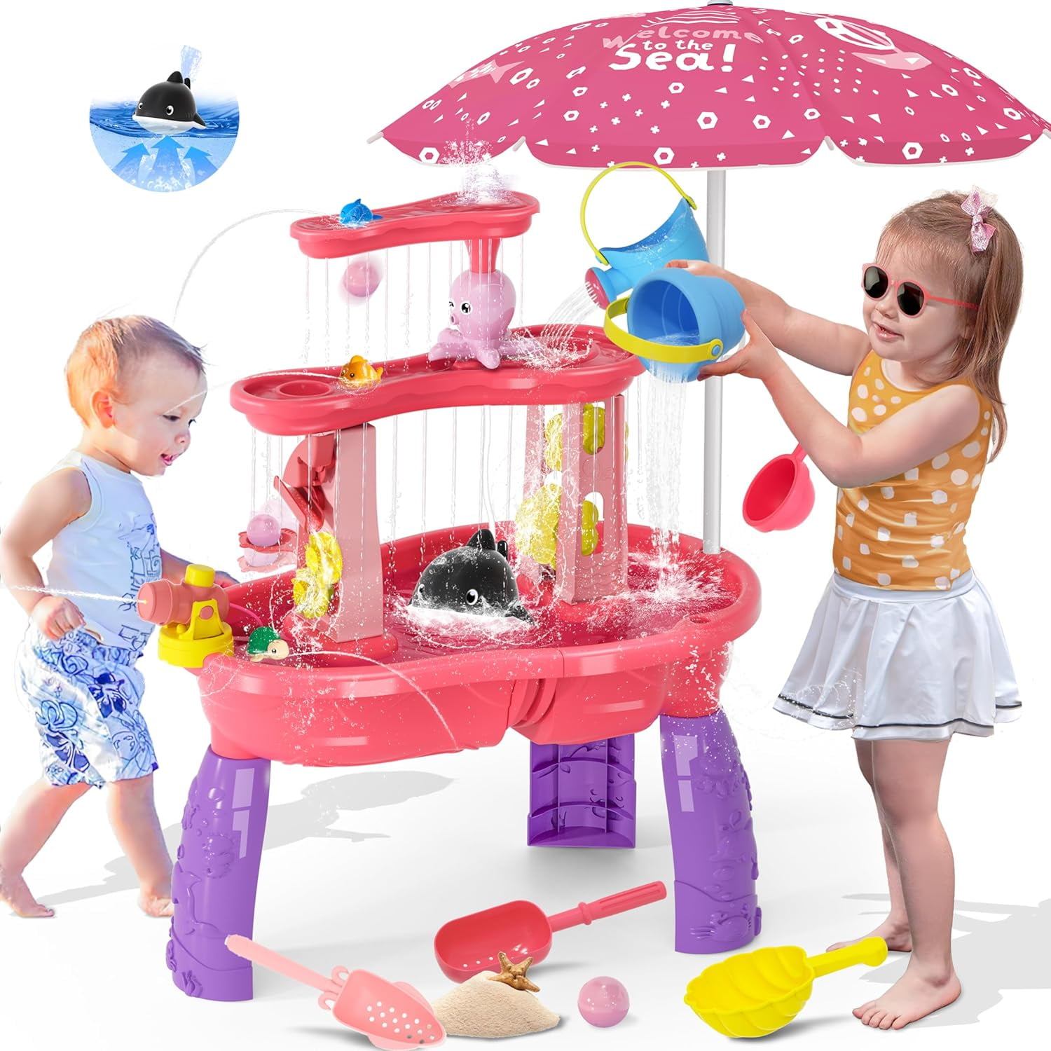 Water Table for Toddlers 3-5, 3-Tier Auto Water-Absorbing Kids Sand Water Table with Water Pump ...