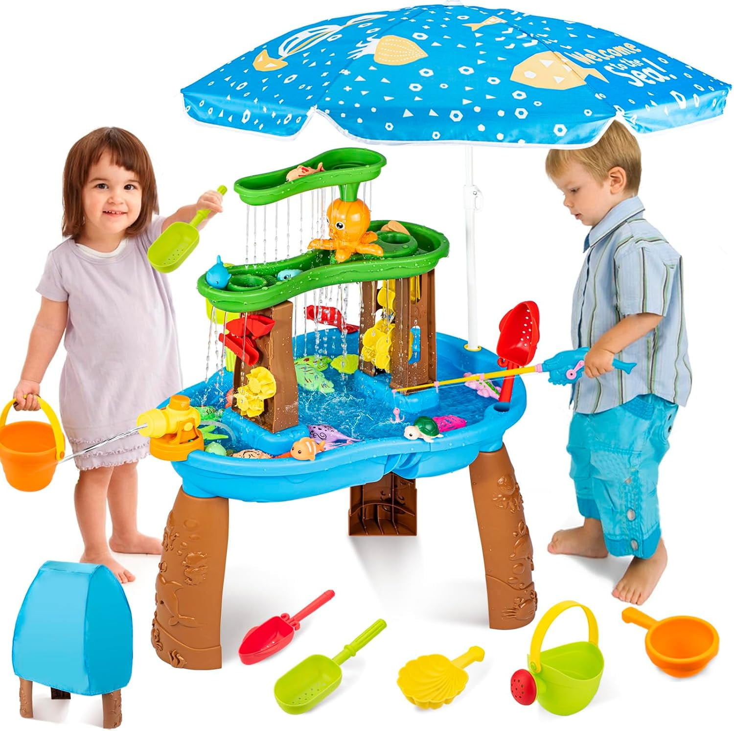 Water Table for Toddlers 3-5 with Umbrella Outdoor Toys for Kids Ages 4 ...
