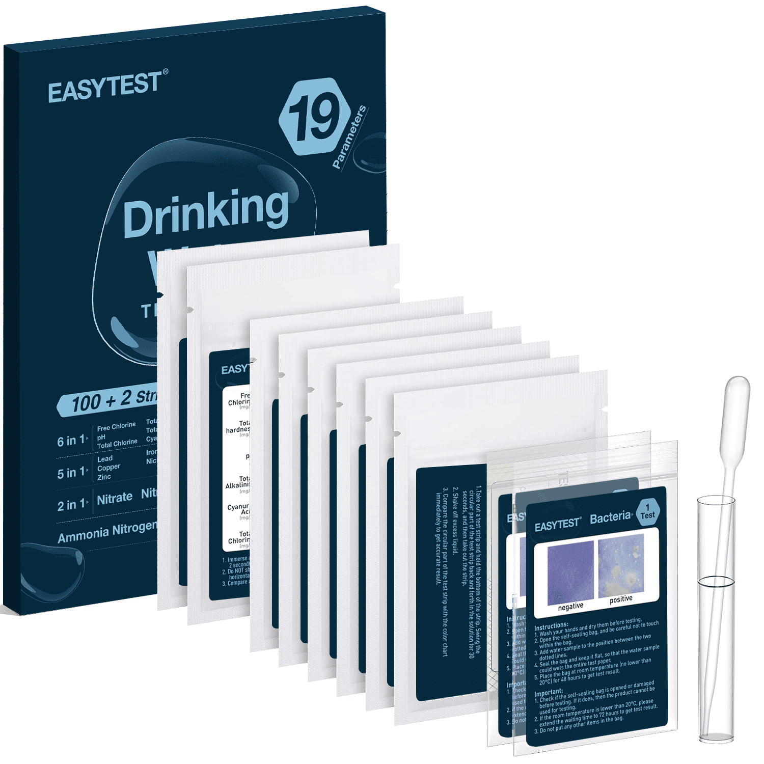 EASYTEST 19 in 1 Drinking Water Testing Kit 100 Strips + 2 Bacteria ...
