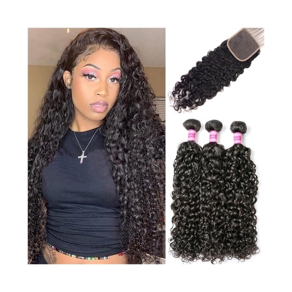 Water Wave Bundles with Closure Human Hair Extensions Malaysian Wave ...