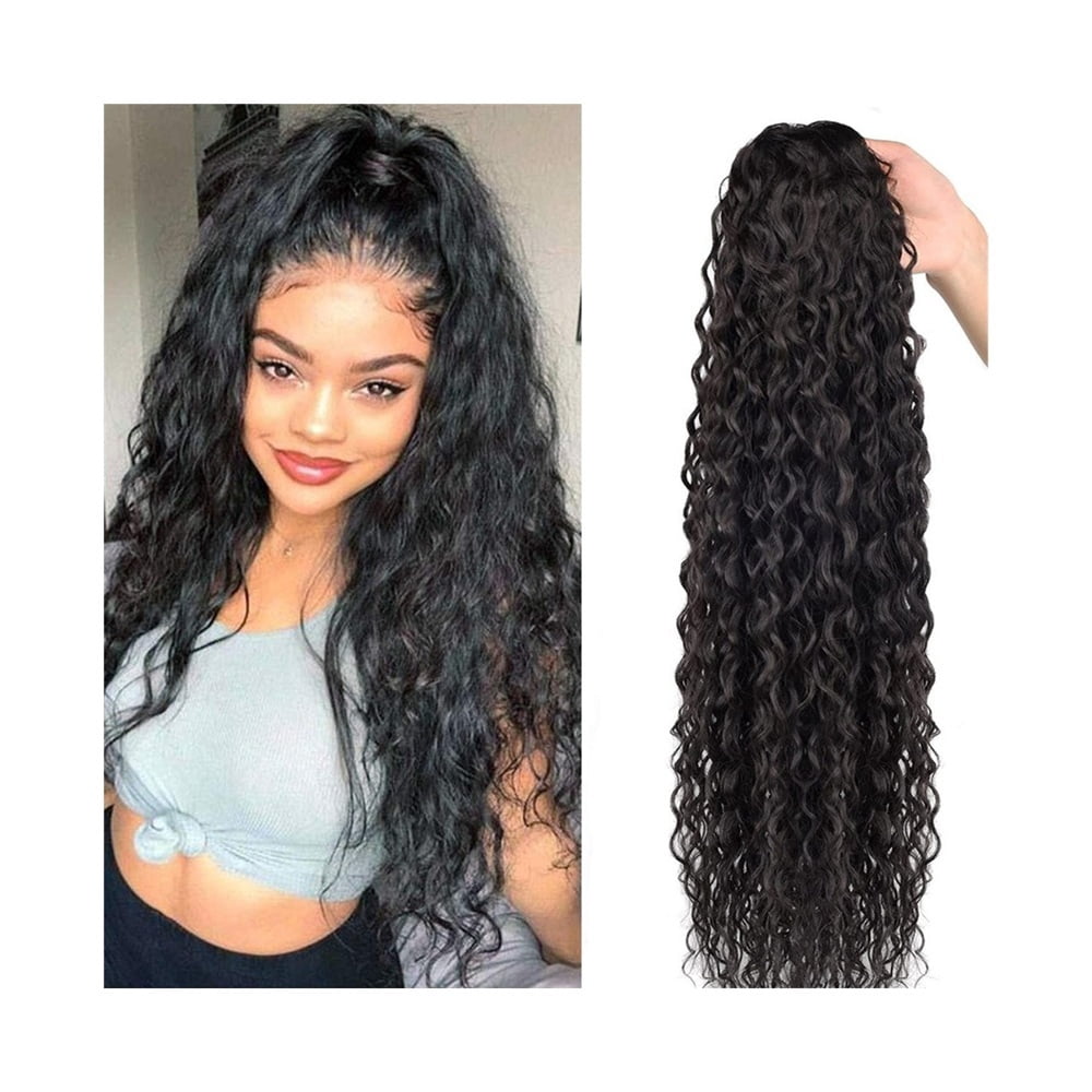 Water Wave Drawstring Ponytail Human Hair Extensions Natural Black 10 ...