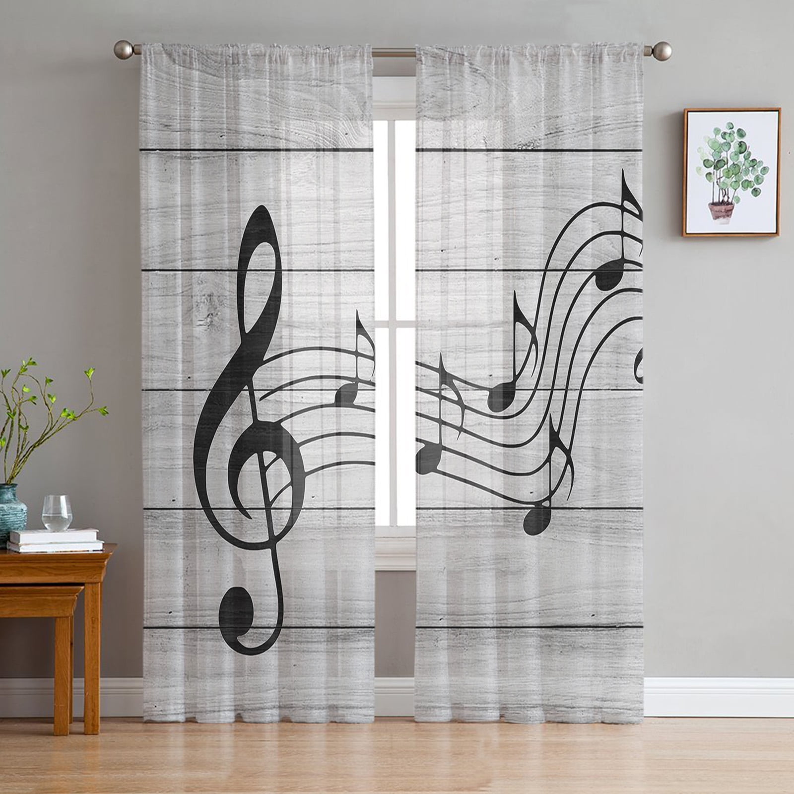 Water Wave Music Black White Musical Notes Sheer Curtains for Living ...