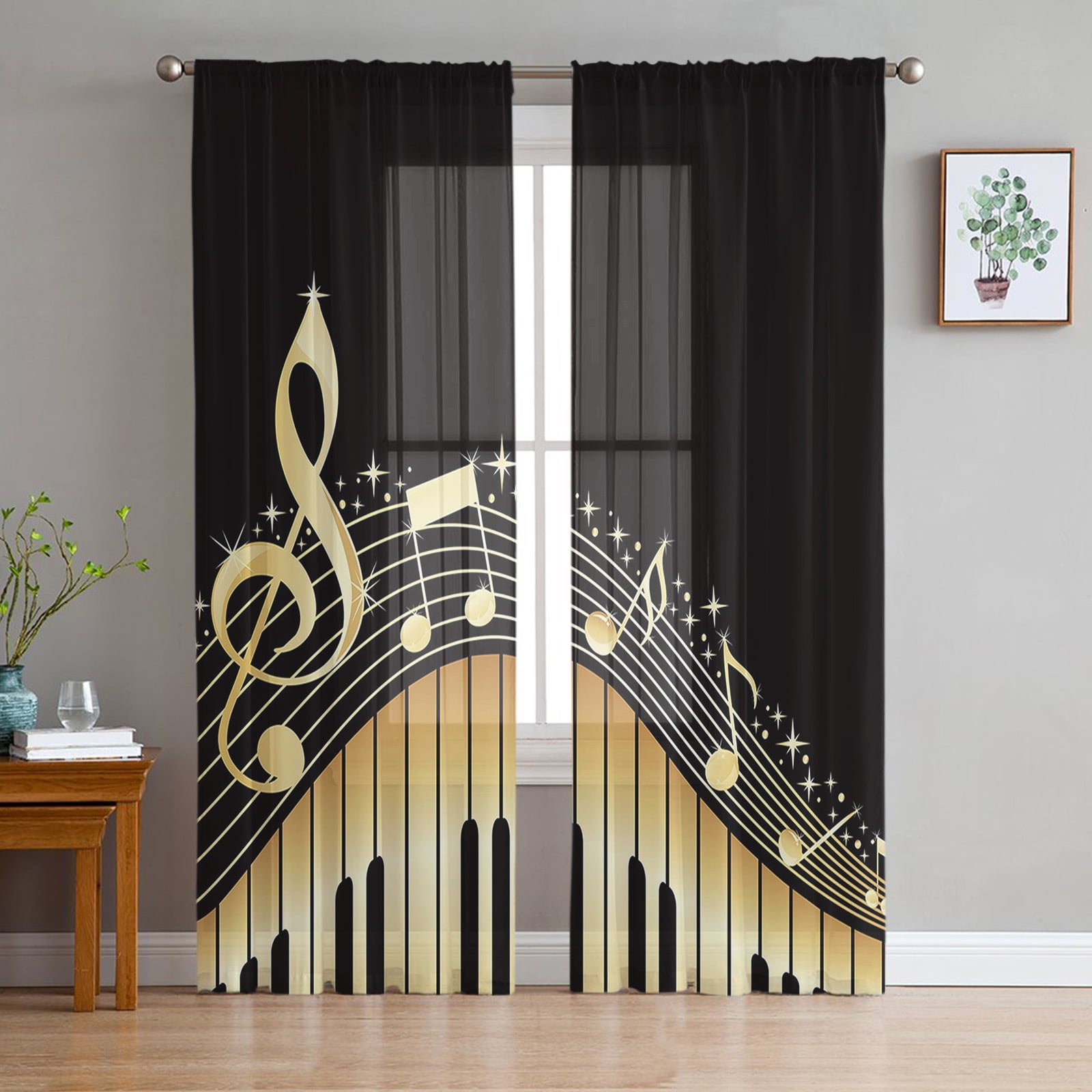 Water Wave Music Black White Musical Notes Sheer Curtains for Living ...