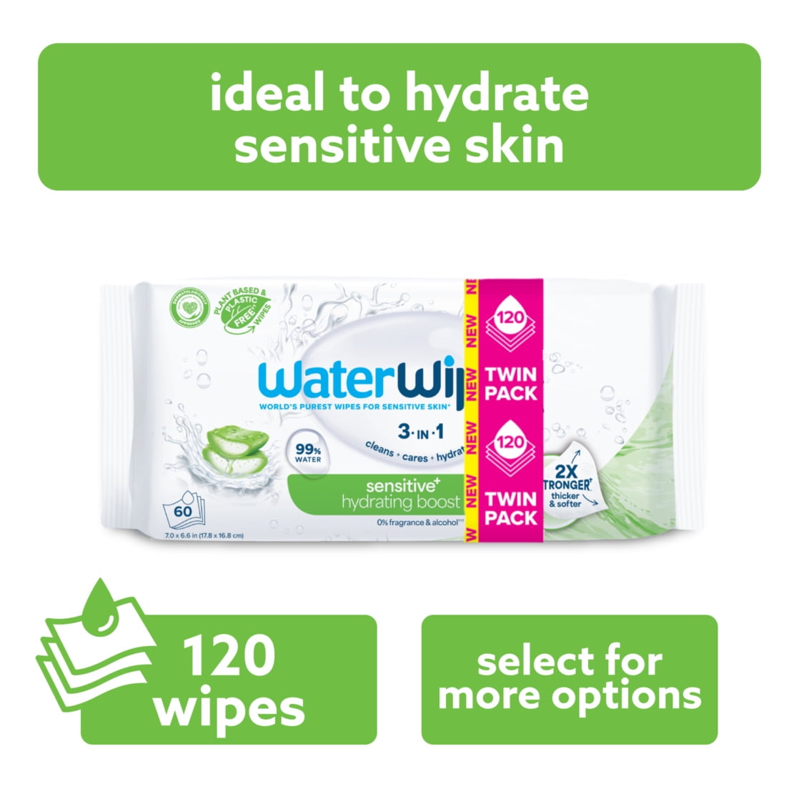 WaterWipes Sensitive+ Hydrating Boost Wipes, 3-In-1 Cleans, Cares ...