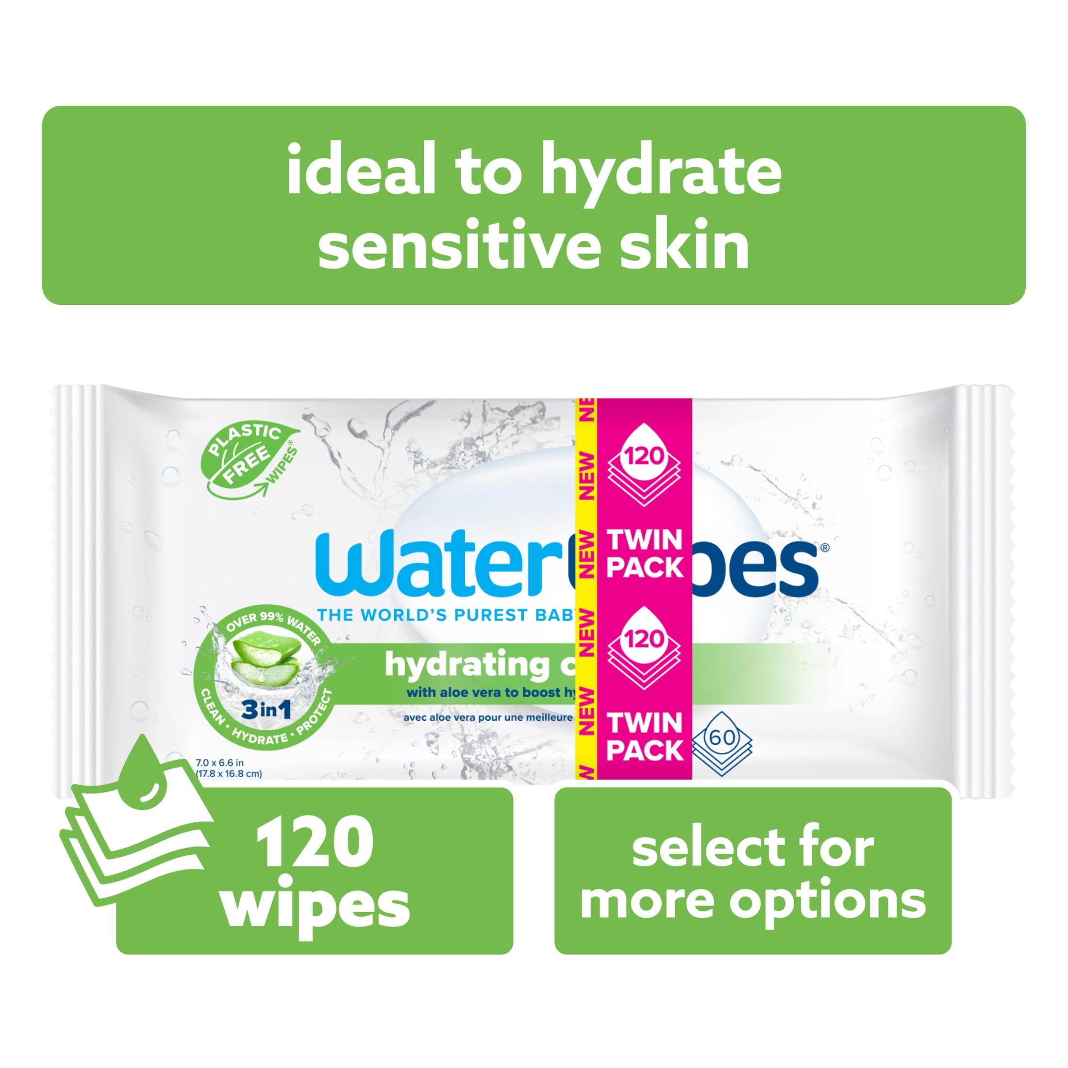 WaterWipes Hydrating Clean 99% Water-Based Aloe Vera Baby Wipes, 2 ...