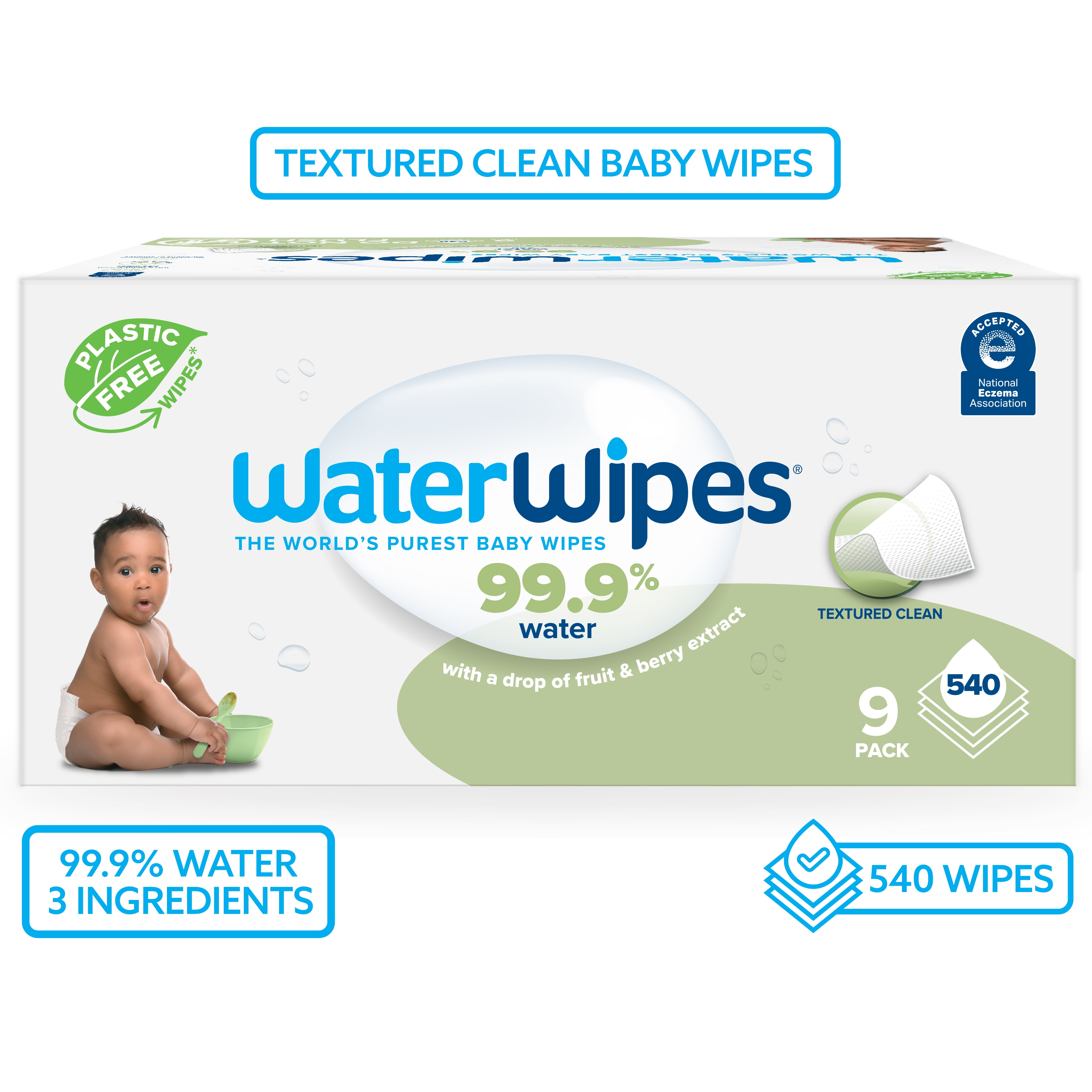 WaterWipes Textured Clean 99.9% Water Based Toddler & Baby Wipes, 9 ...