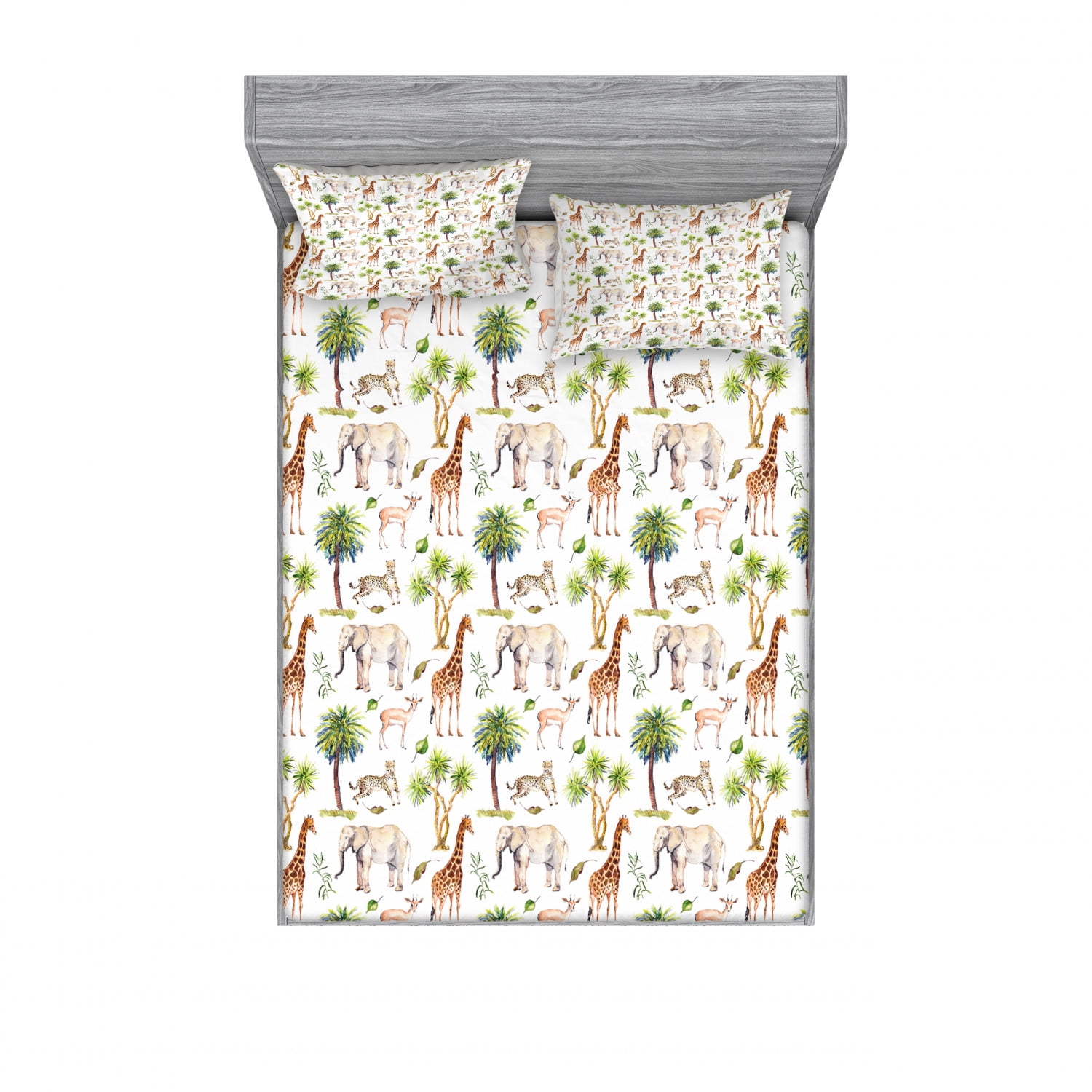 Watercolor Animal Fitted Sheet & Pillow Sham Set, Wild Animals Giraffe ...