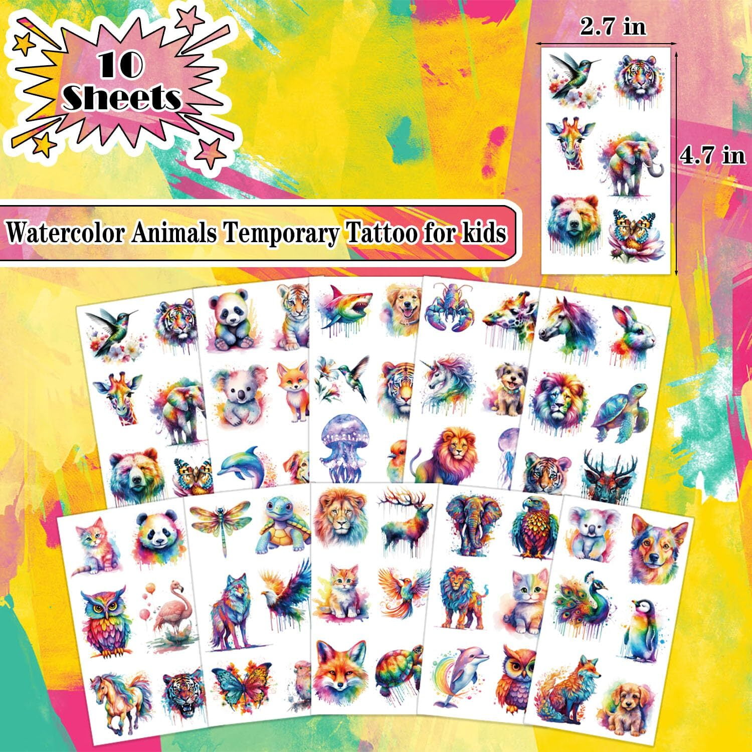 Watercolor Animals Temporary Tattoo for Kids - 60 Styles Temporary for ...